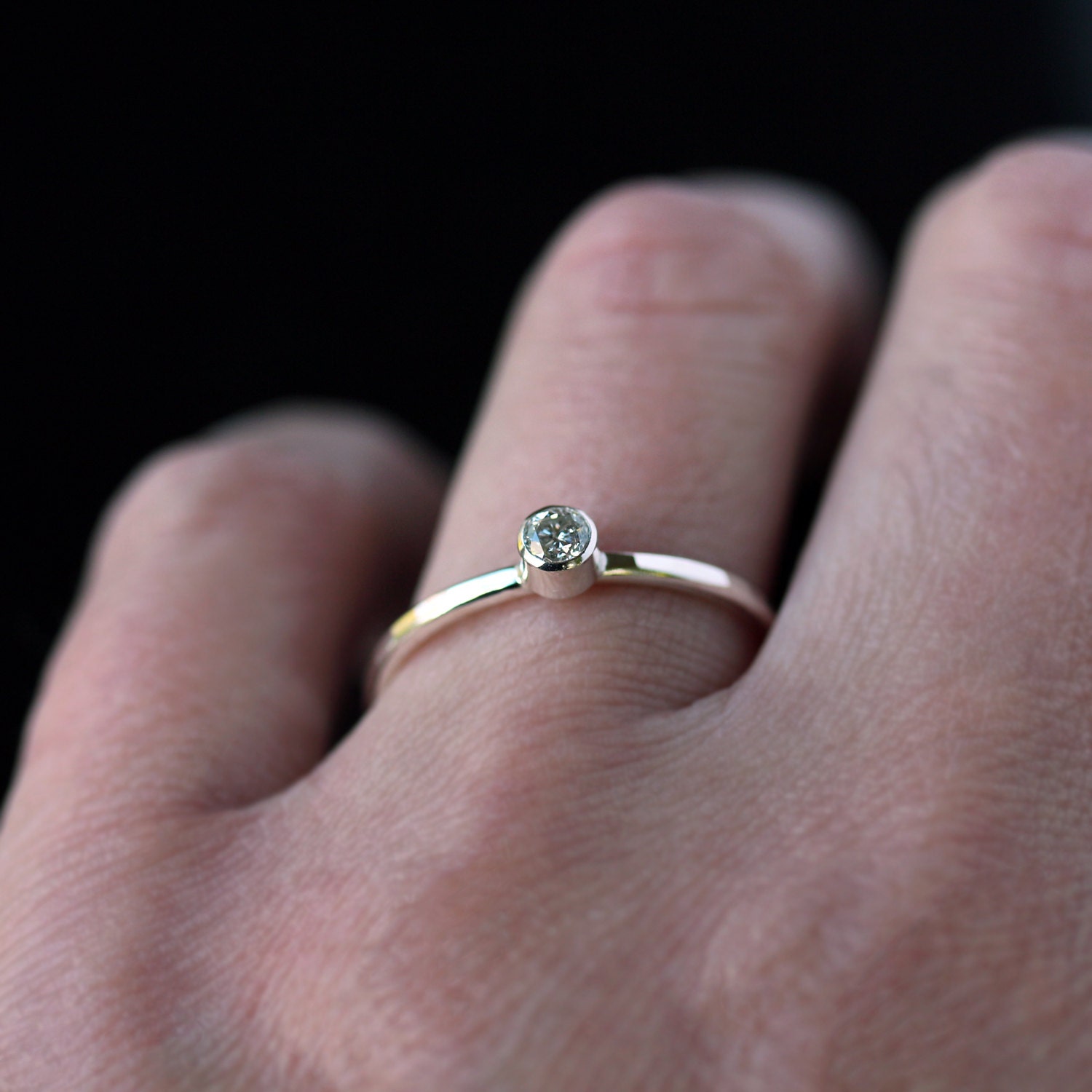 Simple Silver Diamond Ring Sterling Silver Hammered Band | Etsy