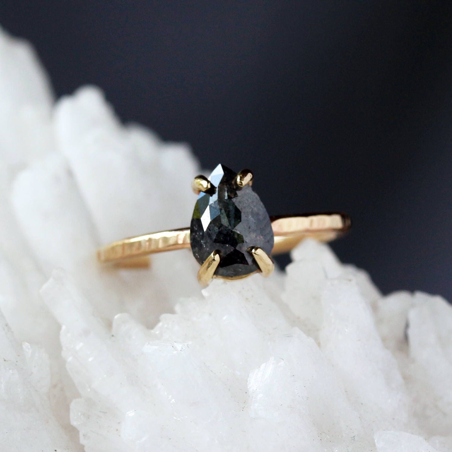 Rose Cut Pear Shaped Diamond Ring, Natural Black Diamond Solid 14k ...