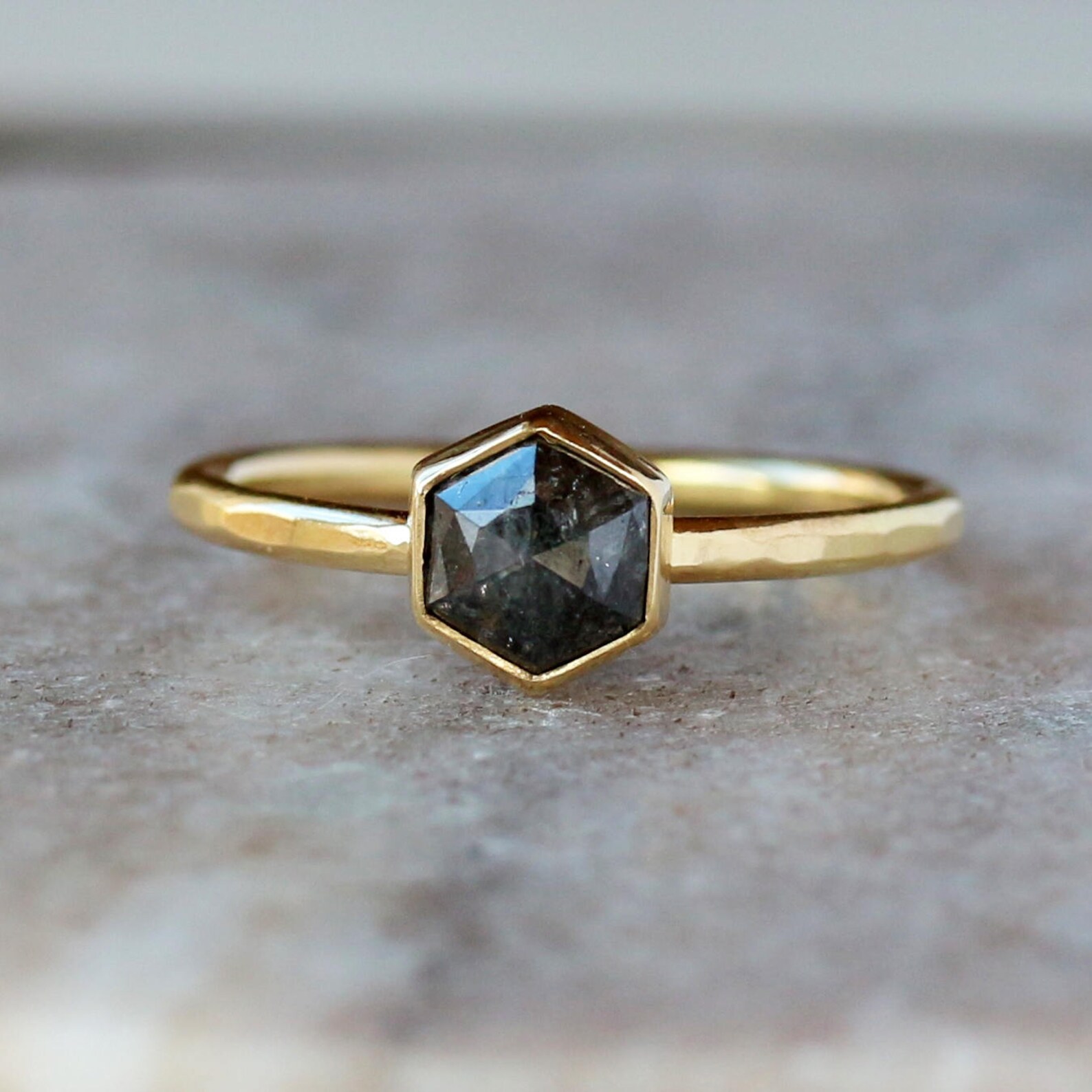 Hexagon Diamond Ring Solid 18k Gold Hammered Band Rose Cut - Etsy