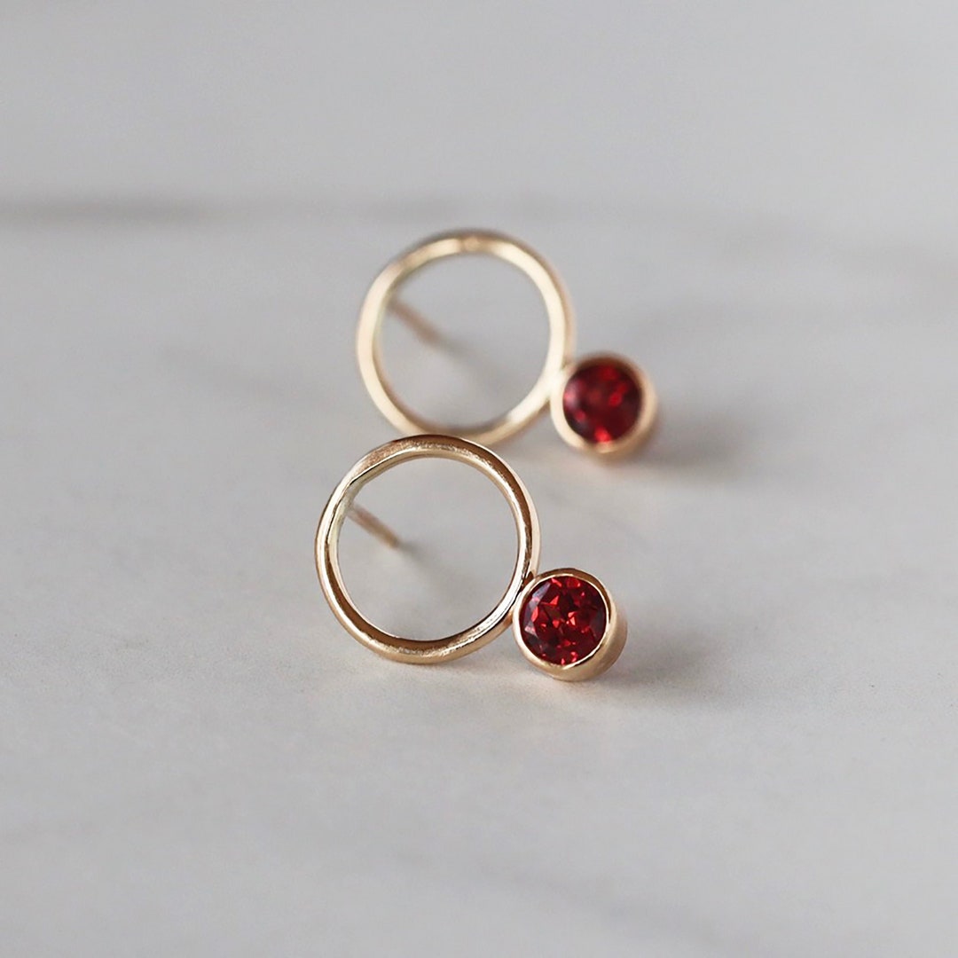 Garnet Circle Studs, Gold Open Circle Gemstone Stud Earrings, 14k Gold ...