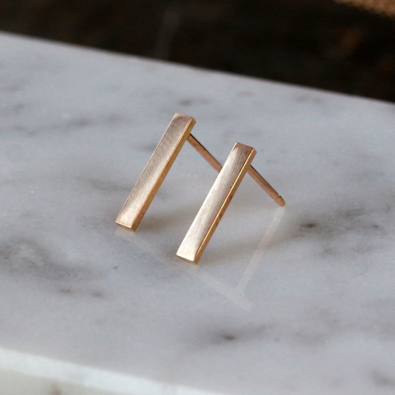 14k Gold Bar Earrings Gold Line Earrings 12mm Long Stick - Etsy