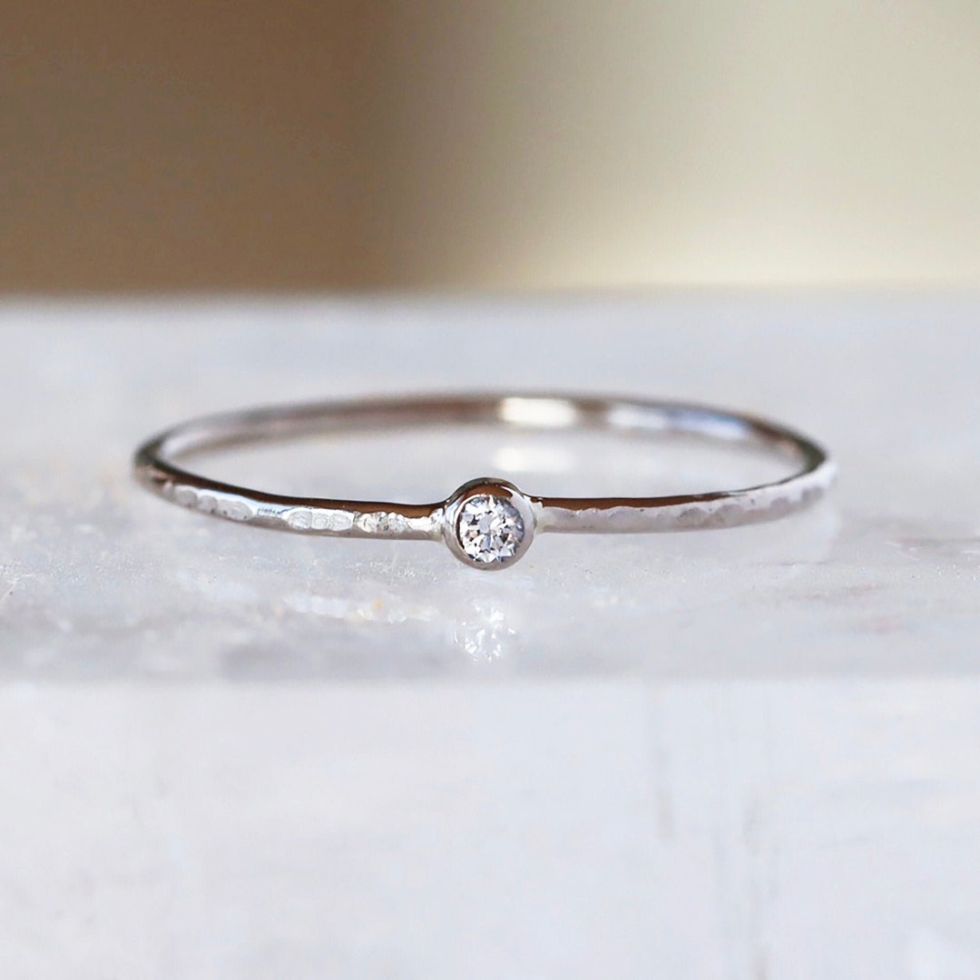 White Gold Tiny Diamond Ring, 18k Palladium White Gold Slim Hammered ...