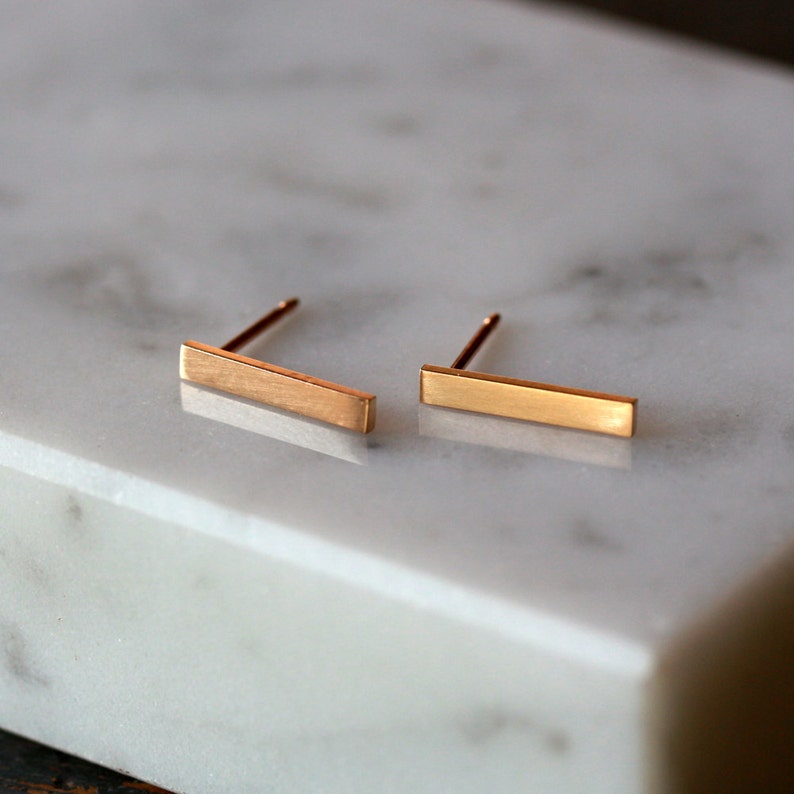 14k Gold Bar Earrings Gold Line Earrings 12mm Long Stick - Etsy