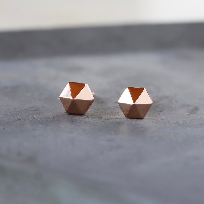 Hexagon Stud Earrings, Solid 14k Gold Hexagon Studs, Rose Gold ...