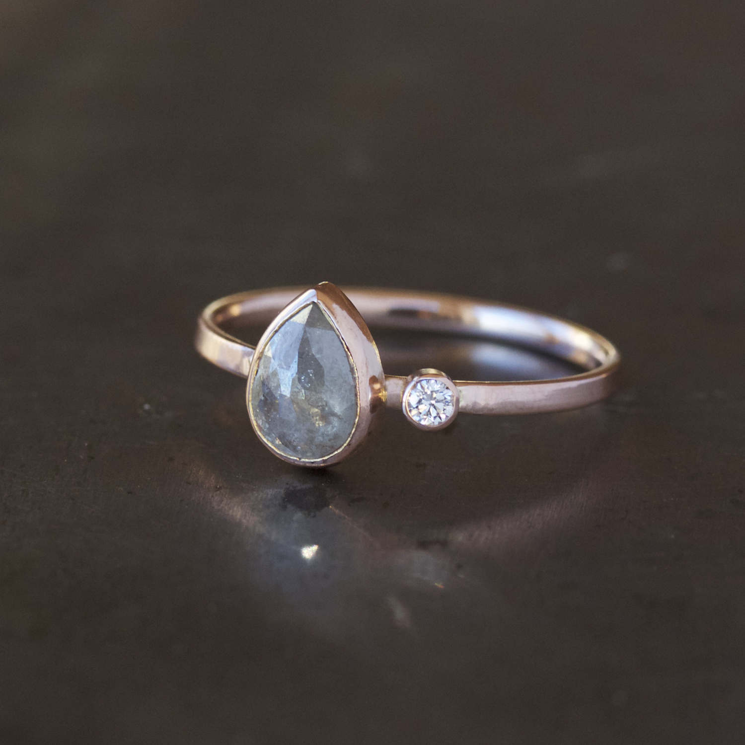 Rose Cut Pear Diamond Ring, Two Diamond Unique Ring, Round Brilliant ...