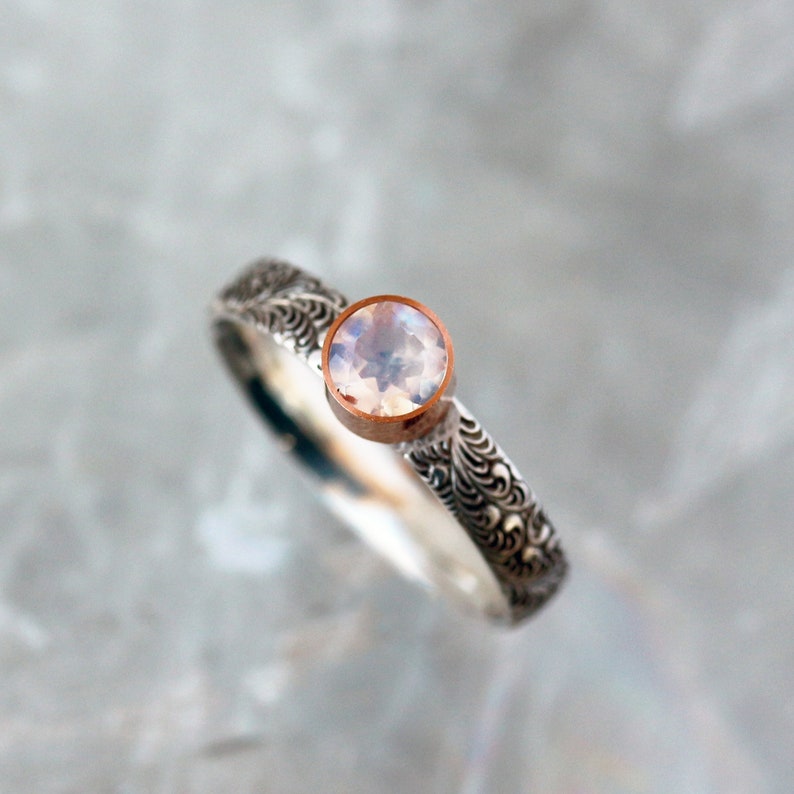 Rainbow Moonstone Ring Floral Pattern Sterling Silver Band | Etsy