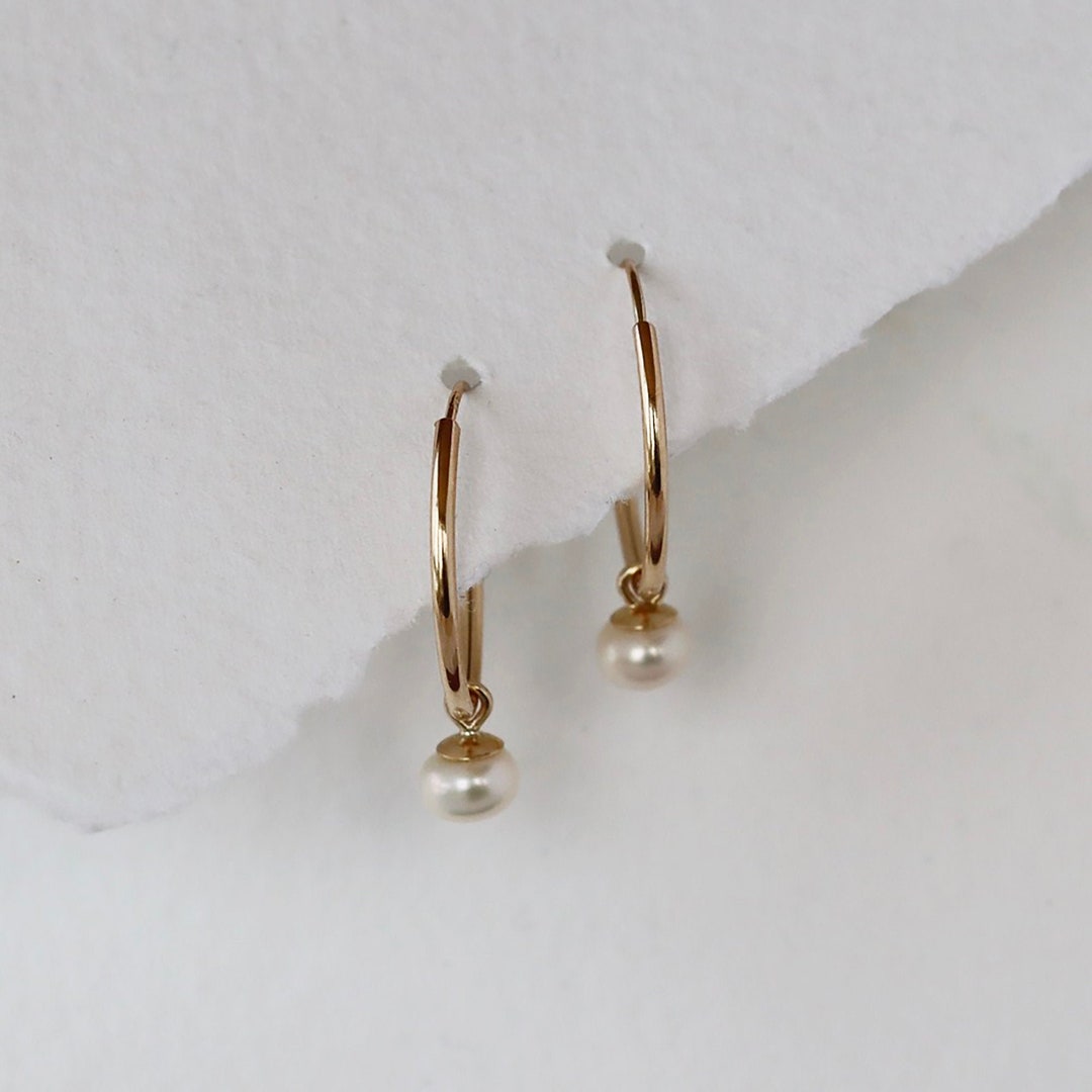 Pearl Hoop Earrings, Solid 14k Gold Pearl Hoops, Small Gold Endless ...