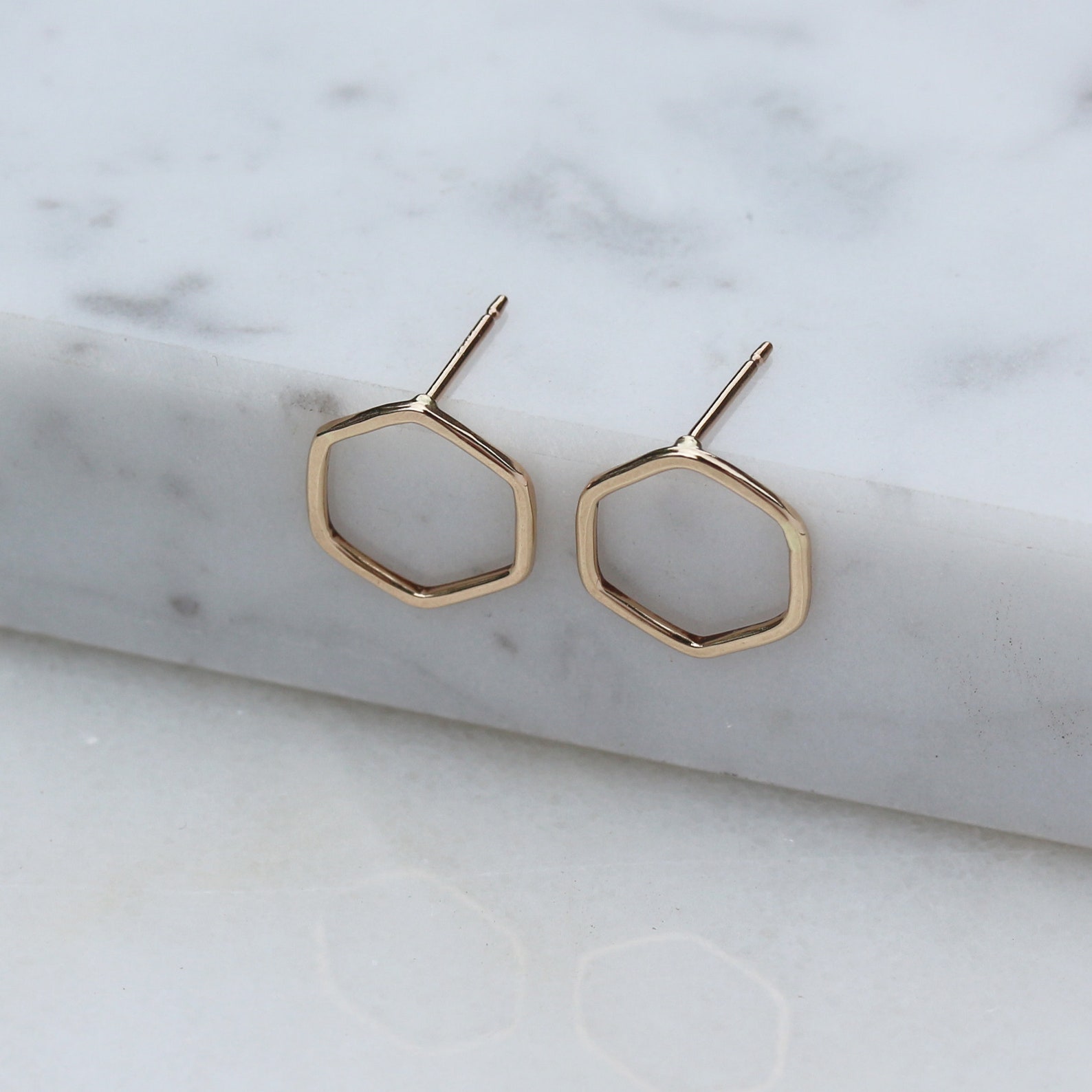 Hexagon Earrings, Solid 14k Gold Hexagon Studs, Geometric Earrings ...