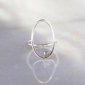 Silver Oval Ring With Gray Rose Cut Diamond, Large Open Oval Ring With ...