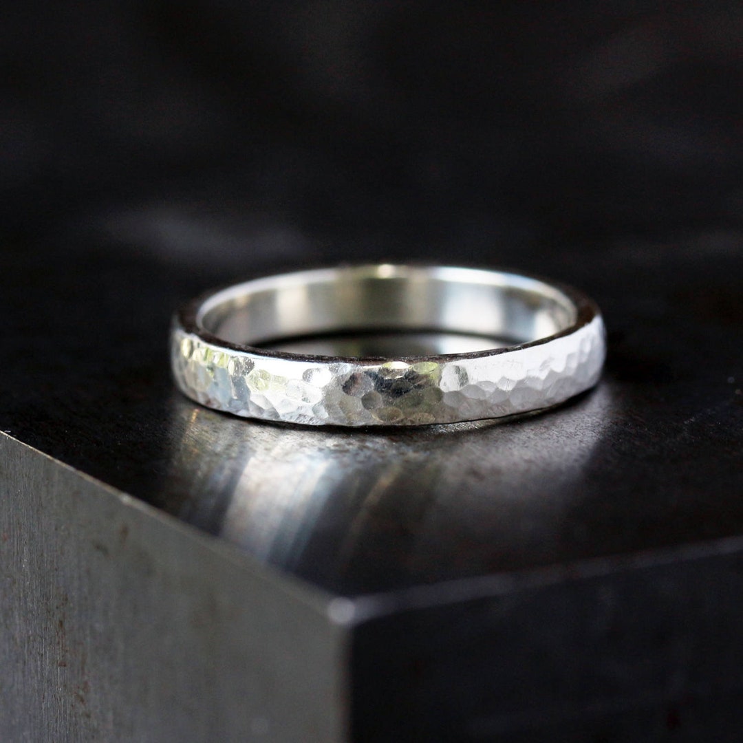Men's Wedding Band, Hammered Sterling Silver, Bright Finish, Wedding ...