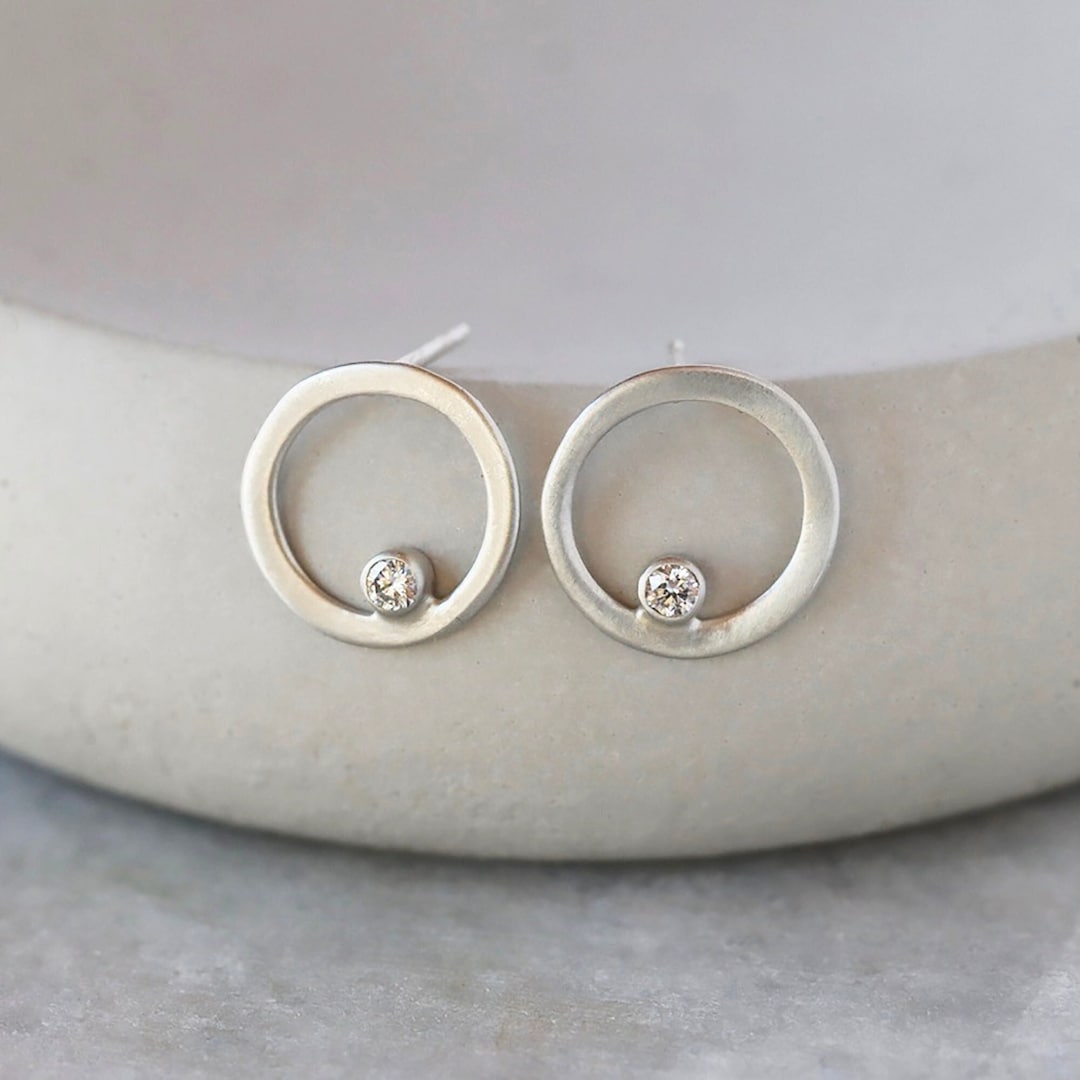 Genuine Diamond Open Circle Earrings, Brushed Sterling Silver Diamond Circle Studs, Open Circle ...