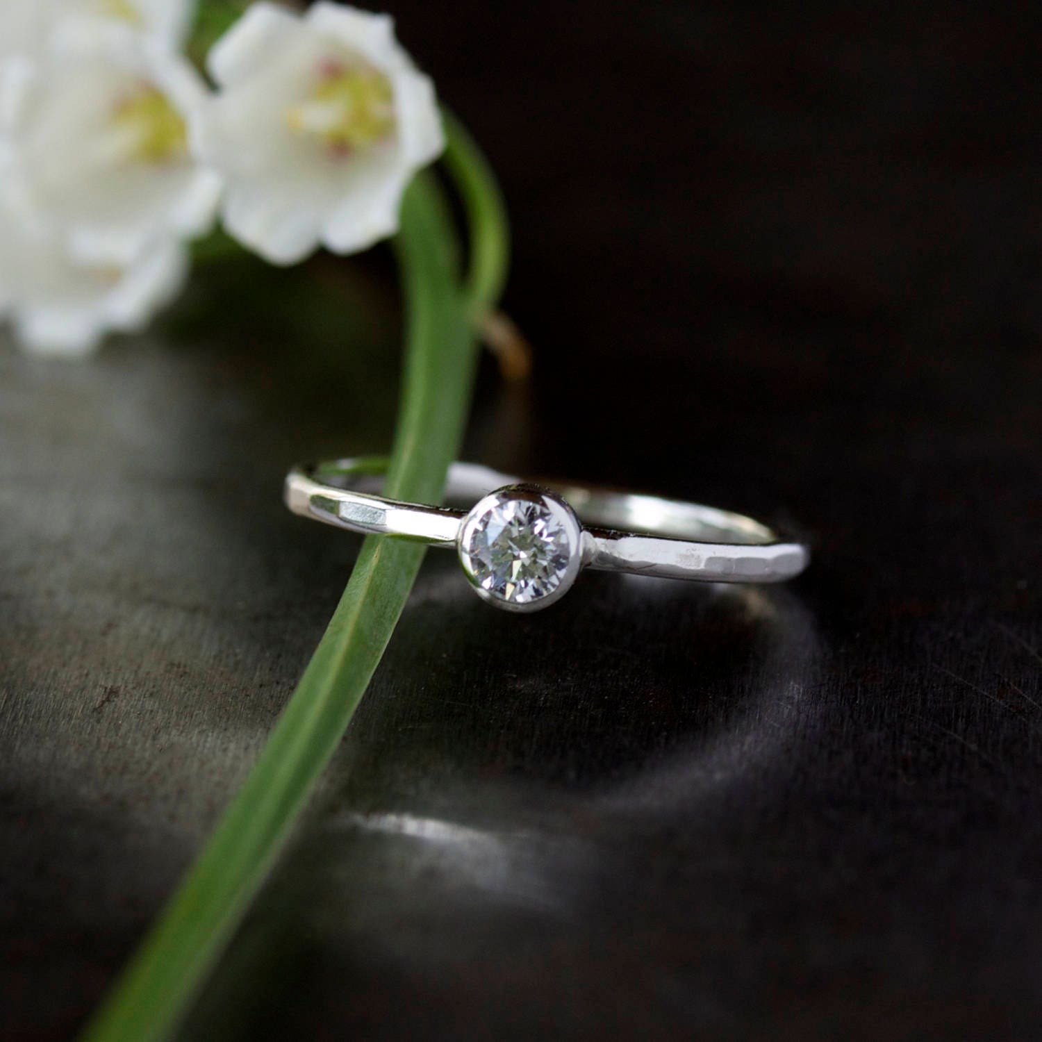 Simple Silver Diamond Ring Sterling Silver Hammered Band | Etsy