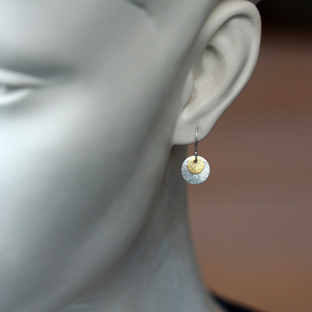 Double Disc Earrings Mixed Metal Earrings Two Sparkly Disks - Etsy