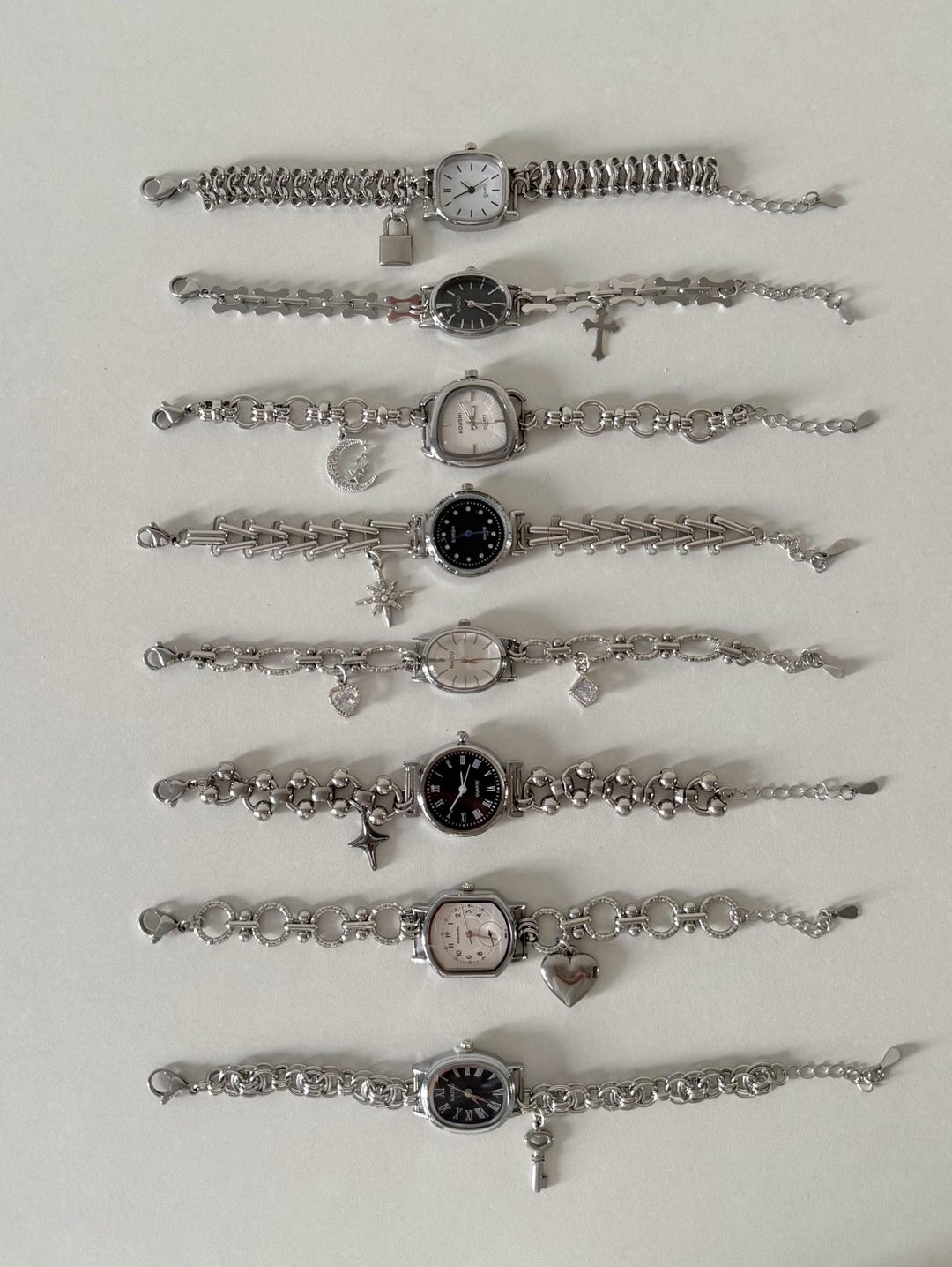 Handmade Silver Watch Charm Bracelet, Gothic Punk Chain Link Watch ...