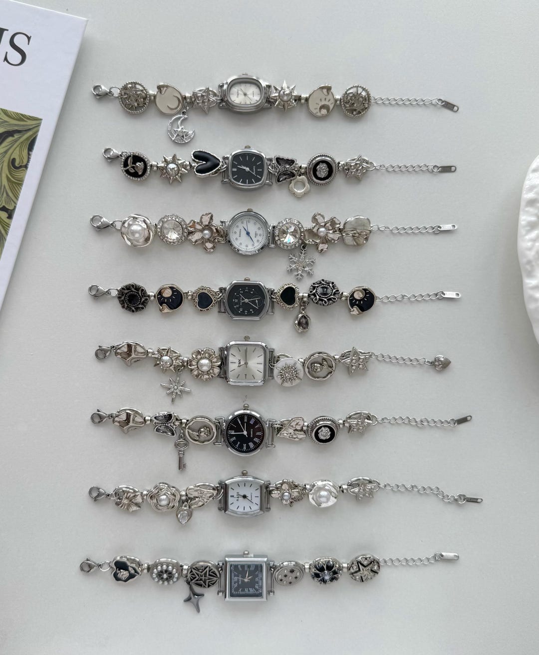 Punk Silver Charm Watch Bracelet,black White Dial Timepiece Jewelry ...