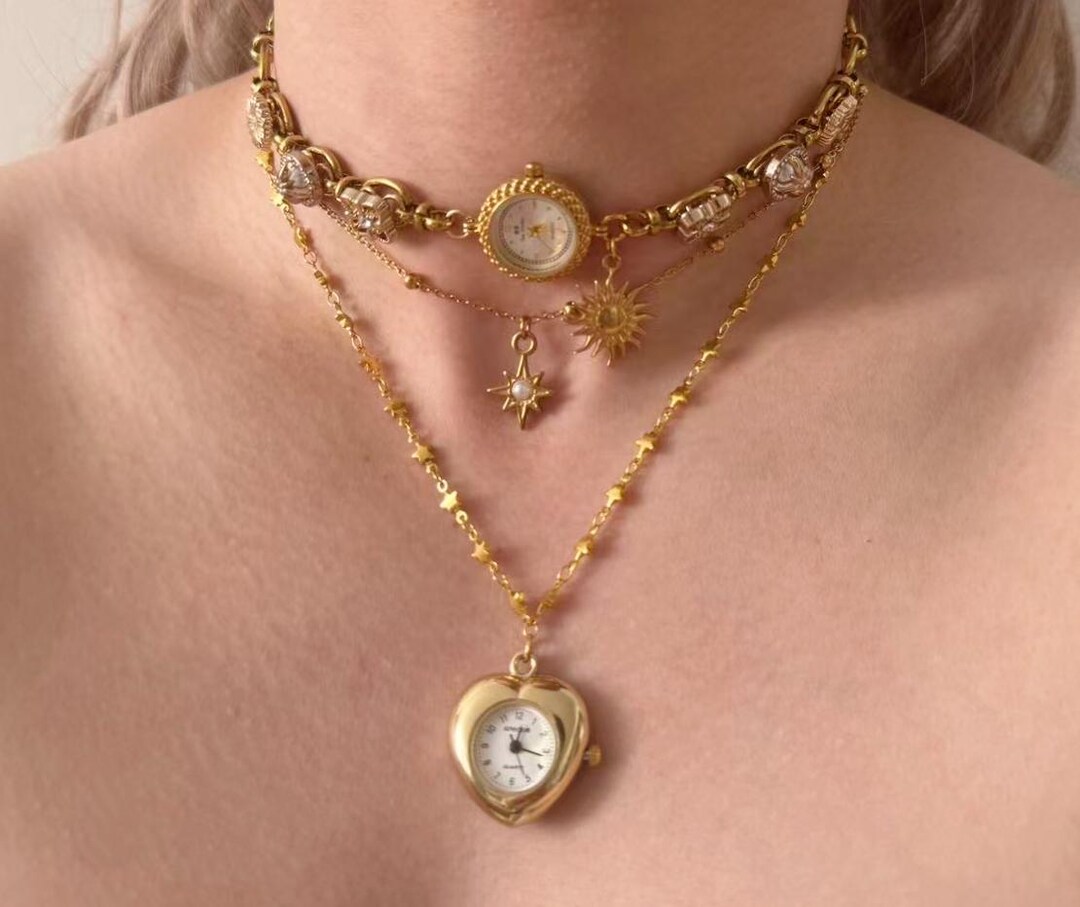 Vintage Layered Watch Necklace With Heart Locket Pendant,retro Glam ...