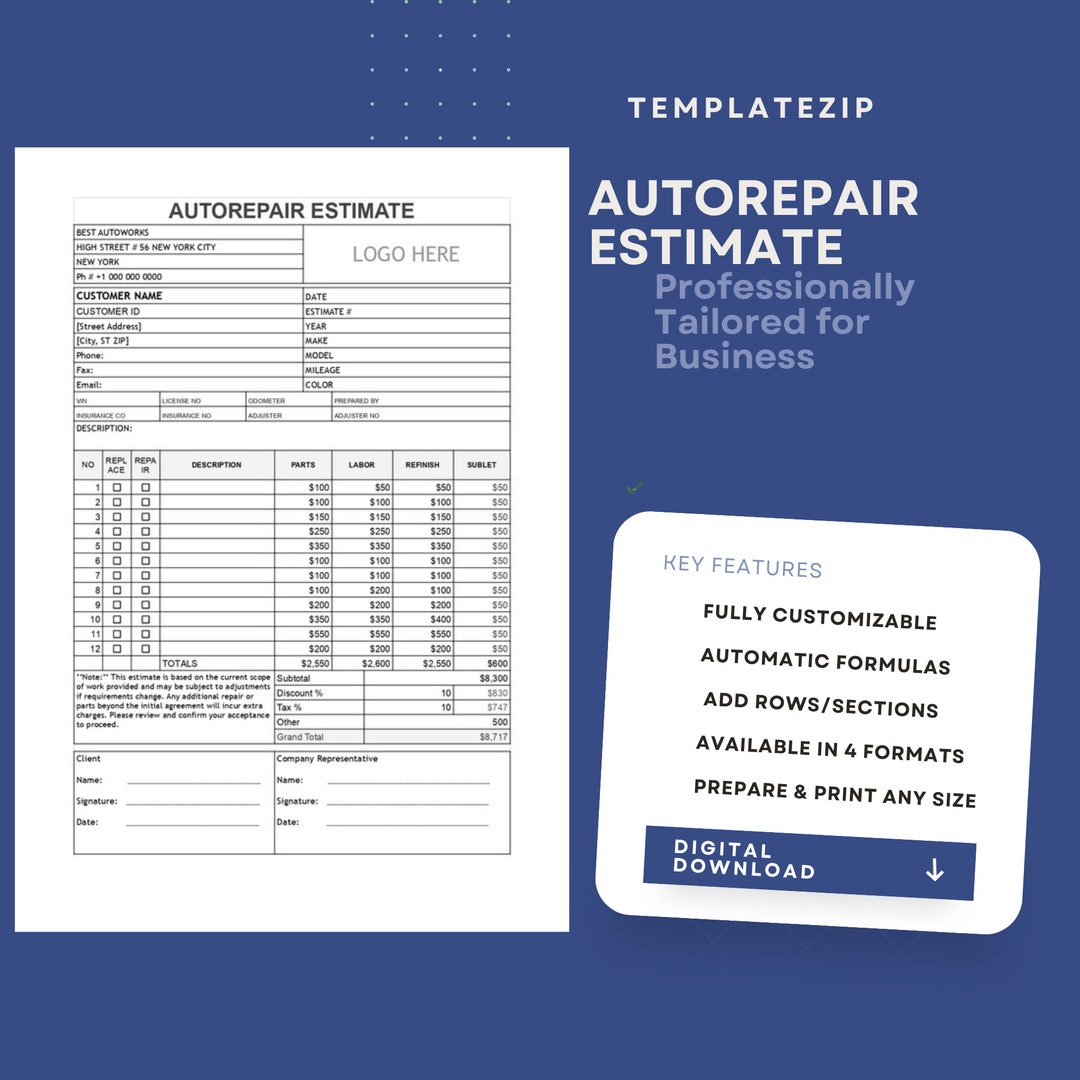 Auto Repair Job Estimate Auto Workshop Spreadsheet Printable Autorepair ...