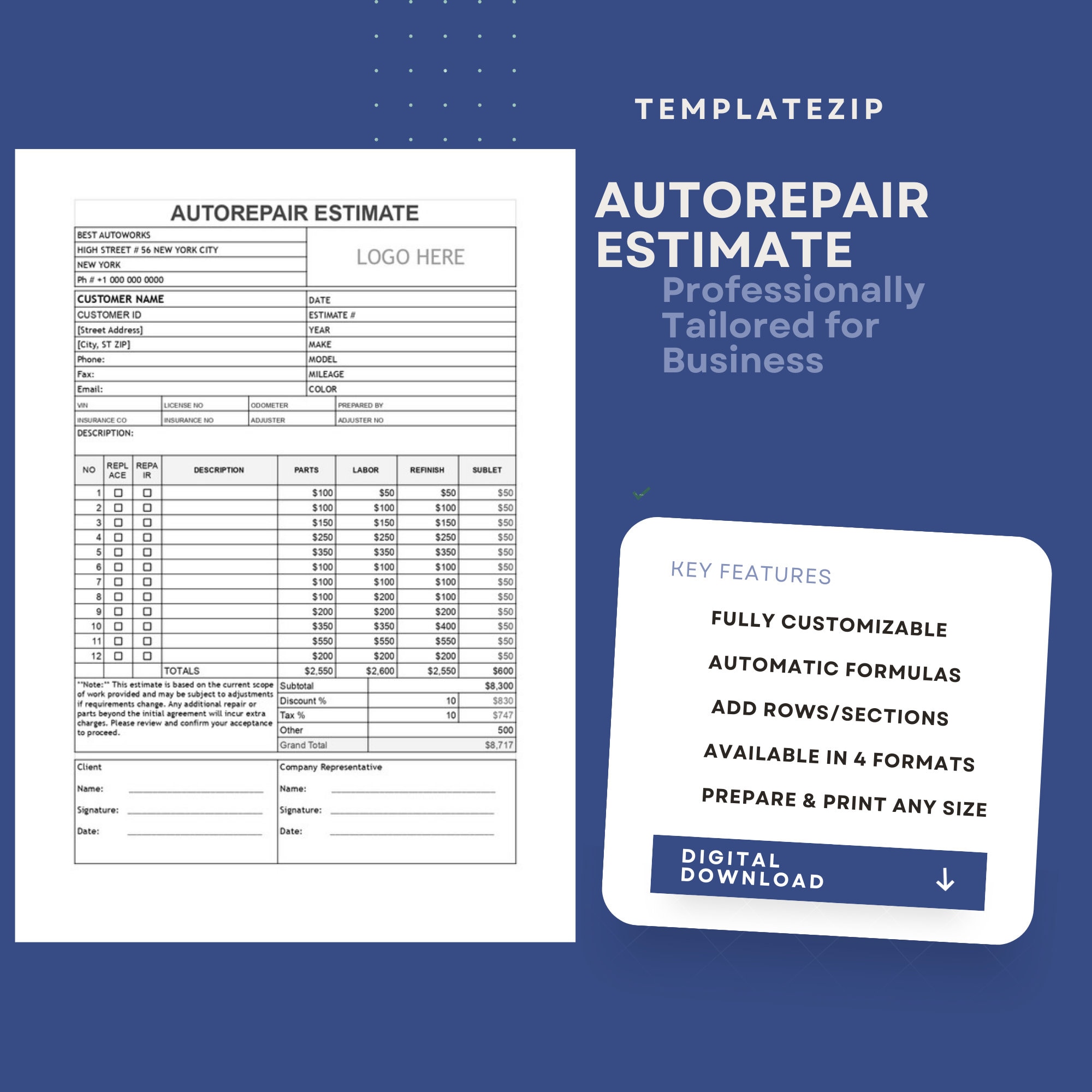 Auto Repair Job Estimate Auto Workshop Spreadsheet Printable Autorepair ...