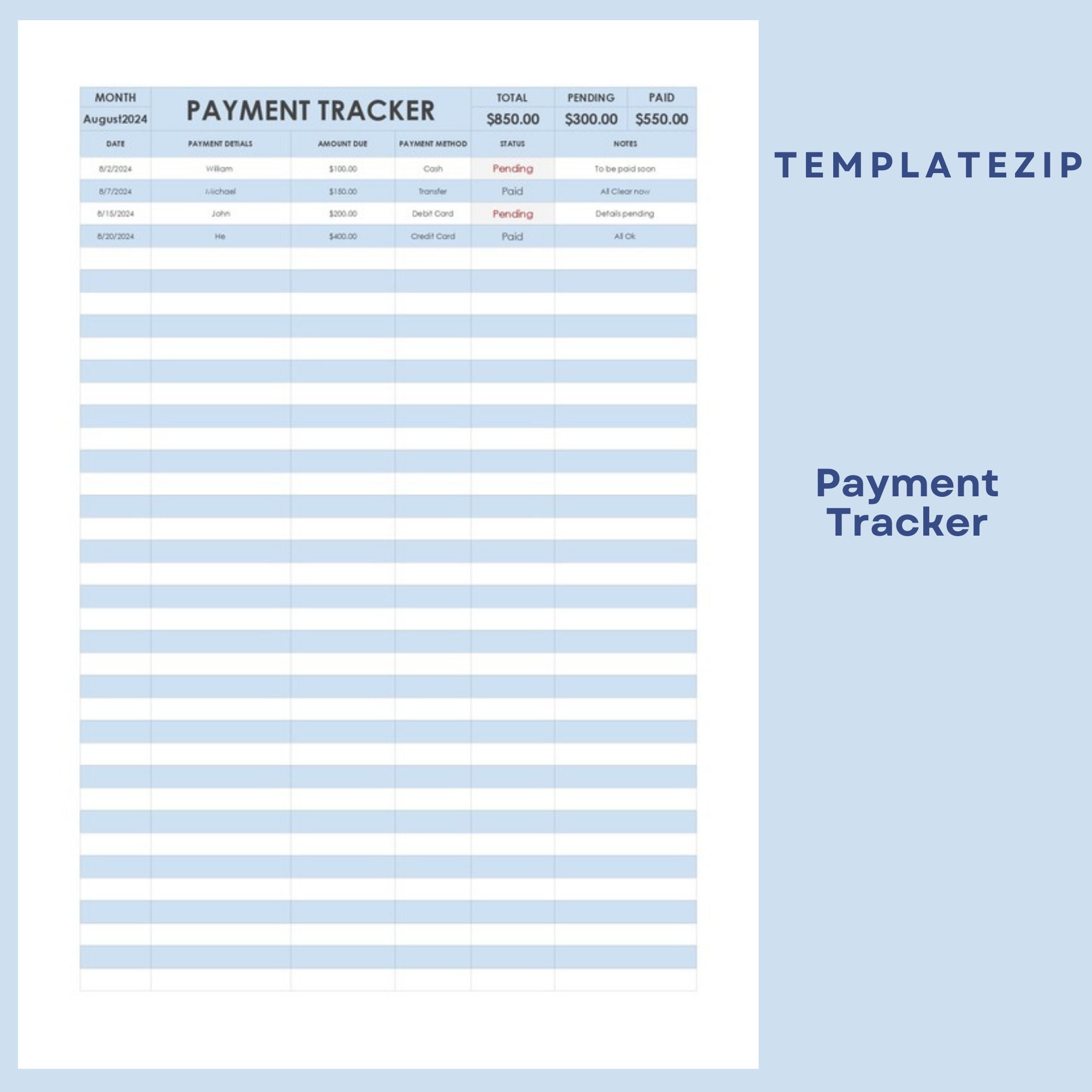 Payment Tracker Spreadsheet Template. Printable Client Payment History ...