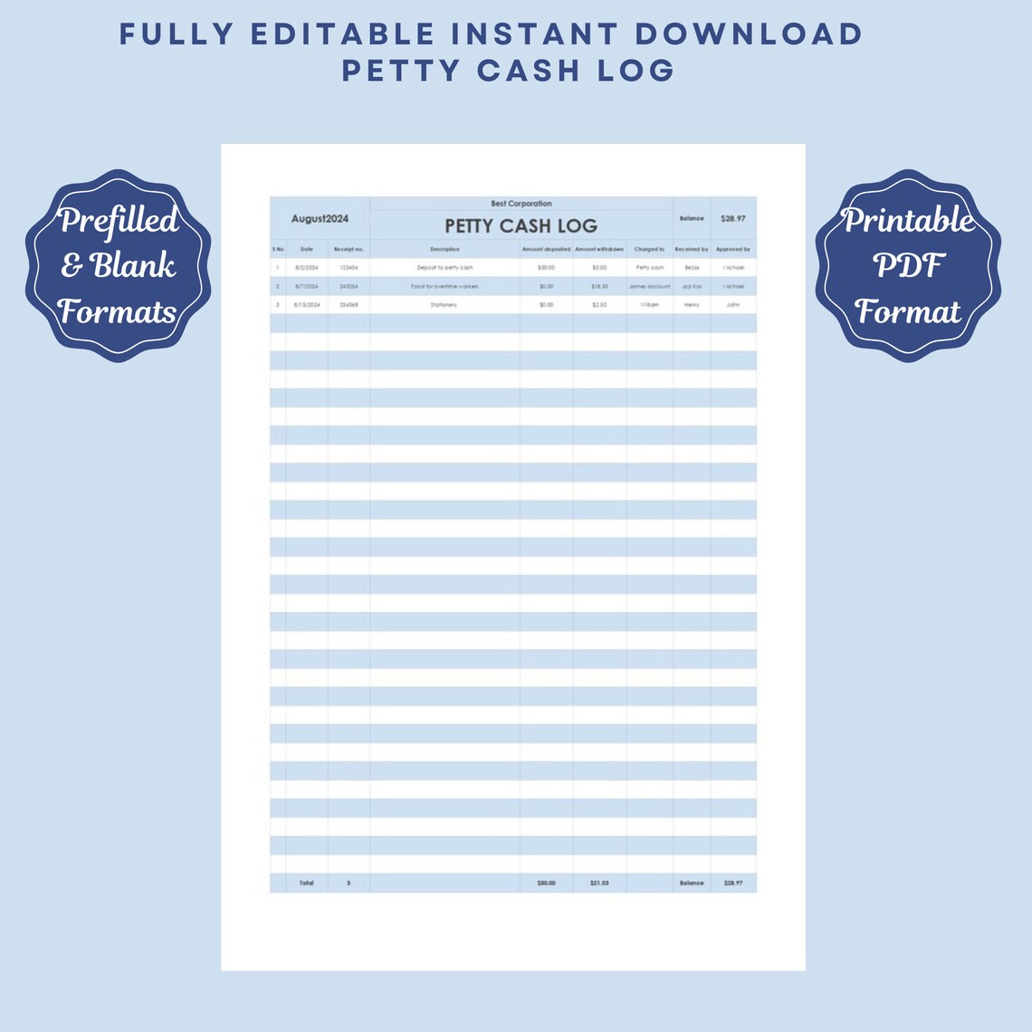 Petty Cash Log | Petty Expenses Tracker Small Cash Management Daily ...