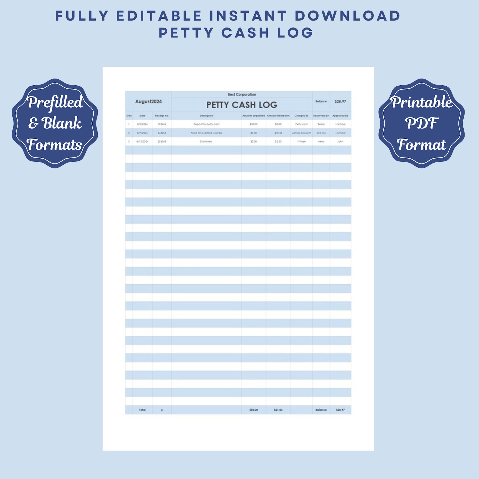 Petty Cash Log | Petty Expenses Tracker Small Cash Management Daily ...