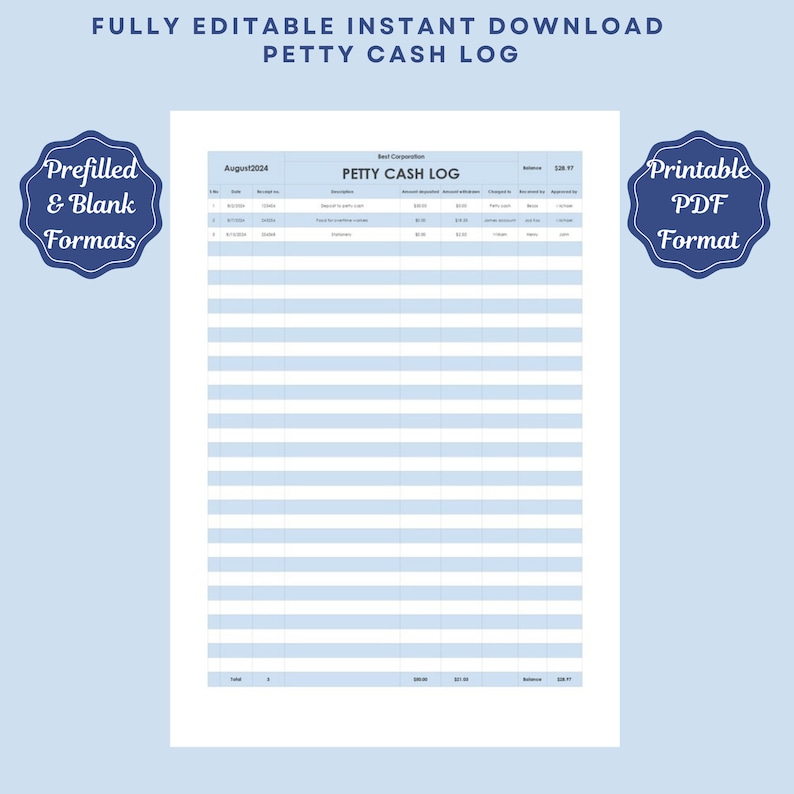 Petty Cash Log | Petty Expenses Tracker Small Cash Management Daily ...