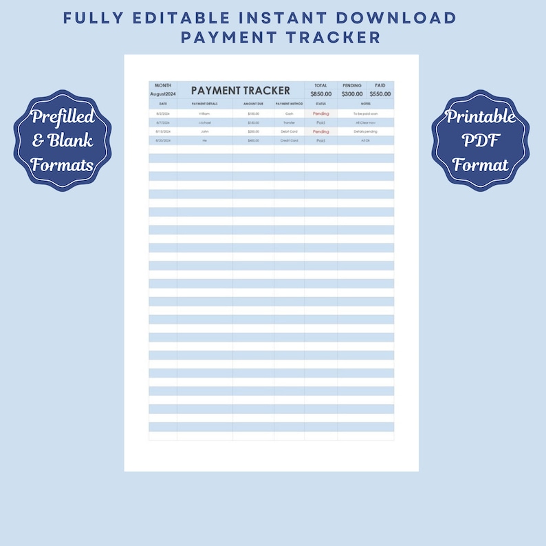 Payment Tracker Spreadsheet Template. Printable Client Payment History ...
