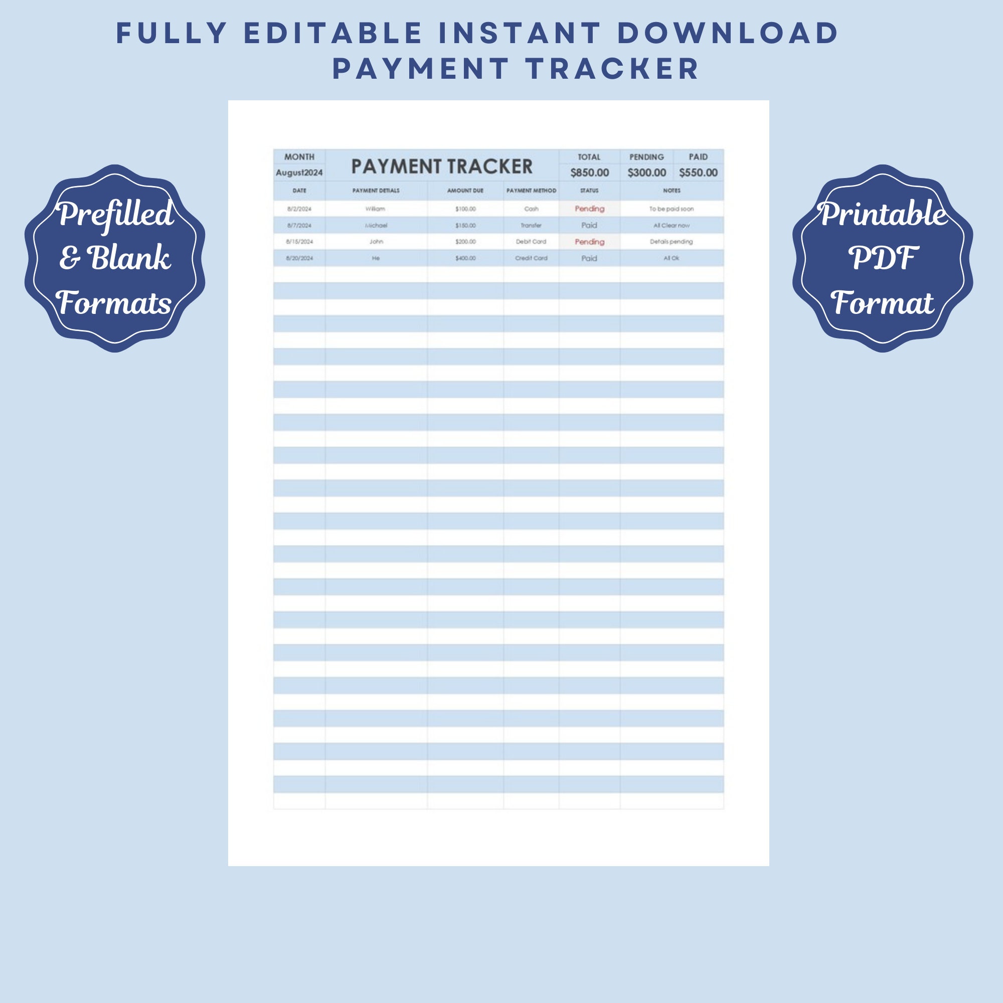 Payment Tracker Spreadsheet Template. Printable Client Payment History ...