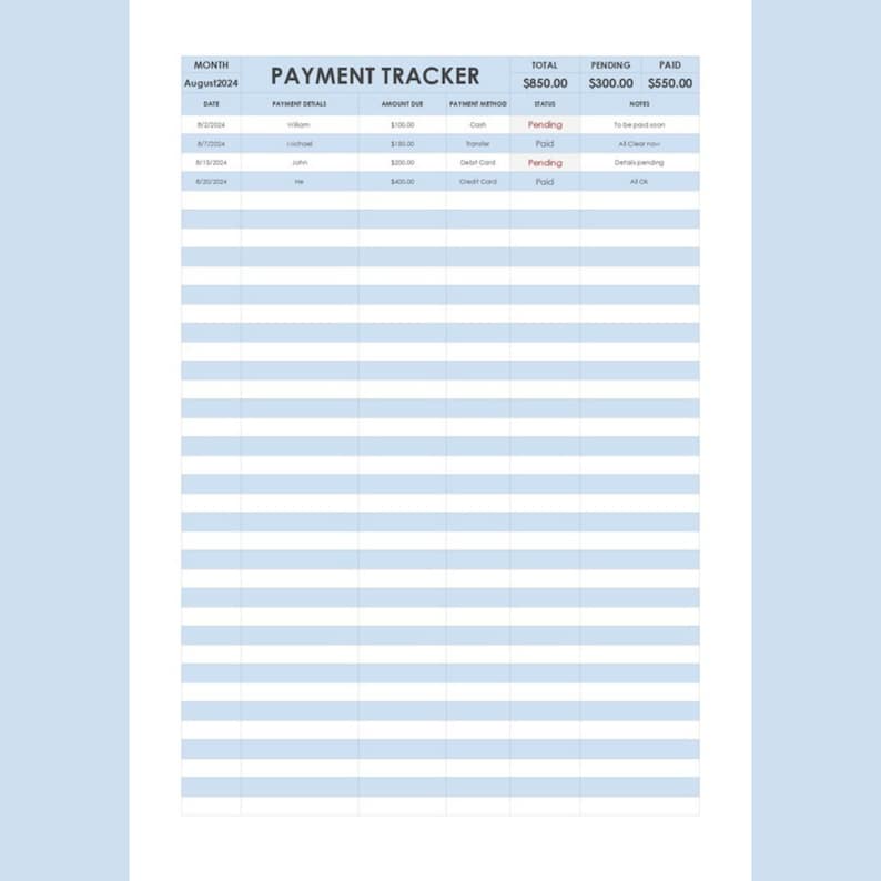 Payment Tracker Spreadsheet Template. Printable Client Payment History ...