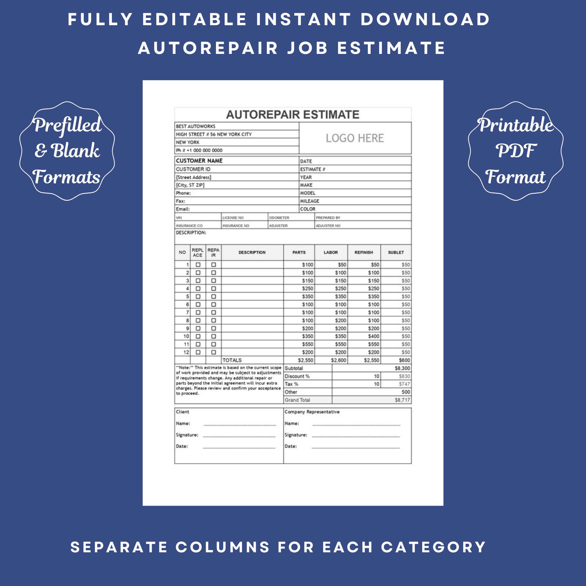 Auto Repair Job Estimate Auto Workshop Spreadsheet Printable Autorepair ...