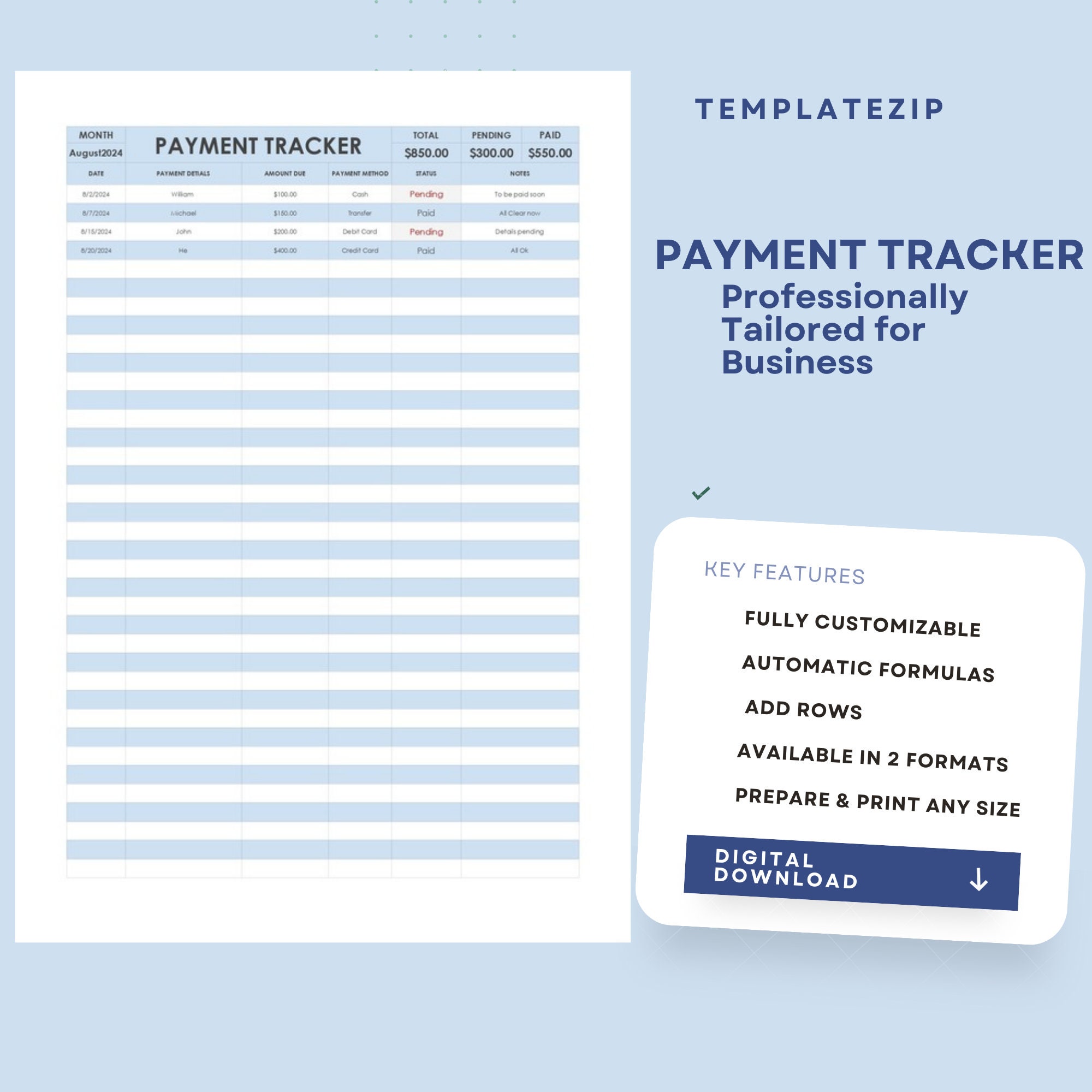 Payment Tracker Spreadsheet Template. Printable Client Payment History ...