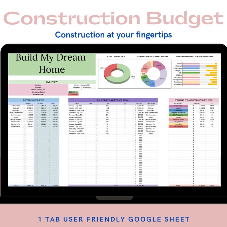 Construction Budget Template | Google Sheets Expense Tracker (digital ...
