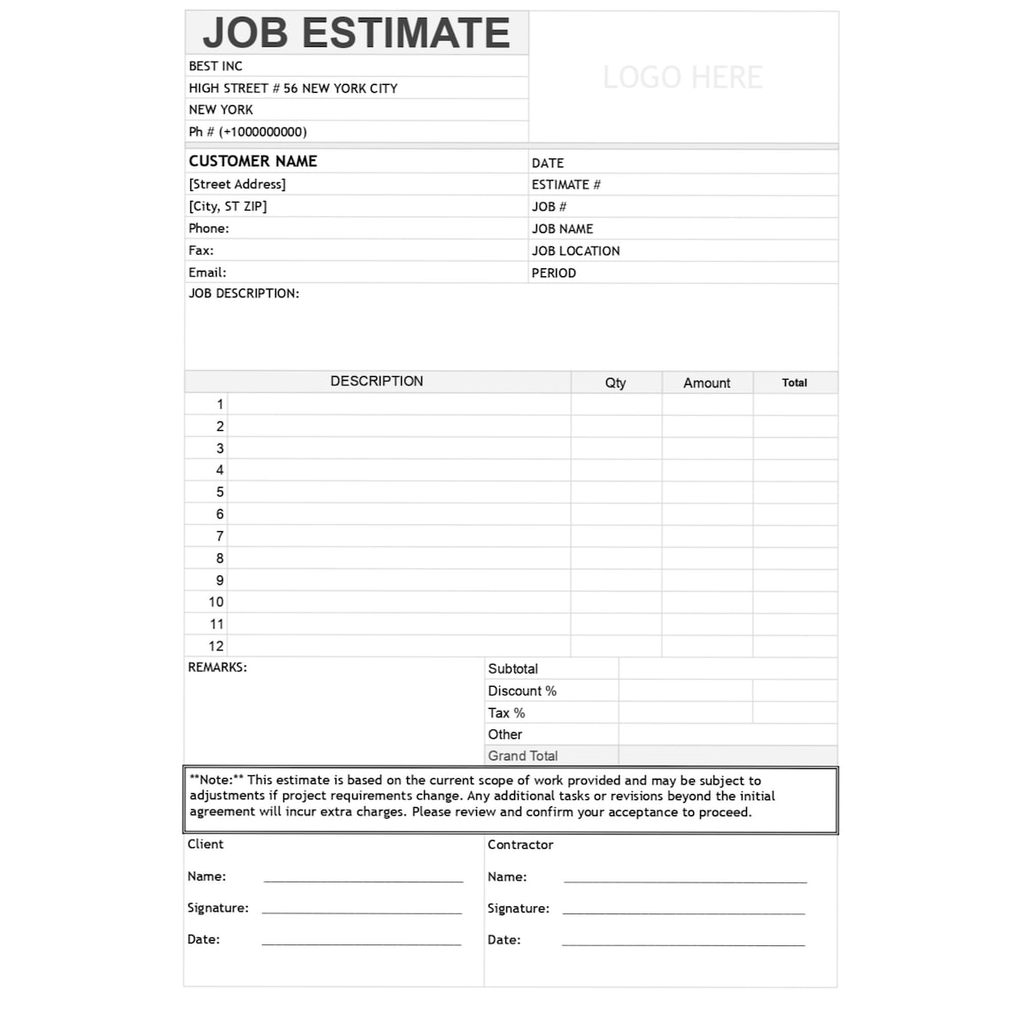Job Estimate Template | Budget Proposal Estimate Spreadsheet ...
