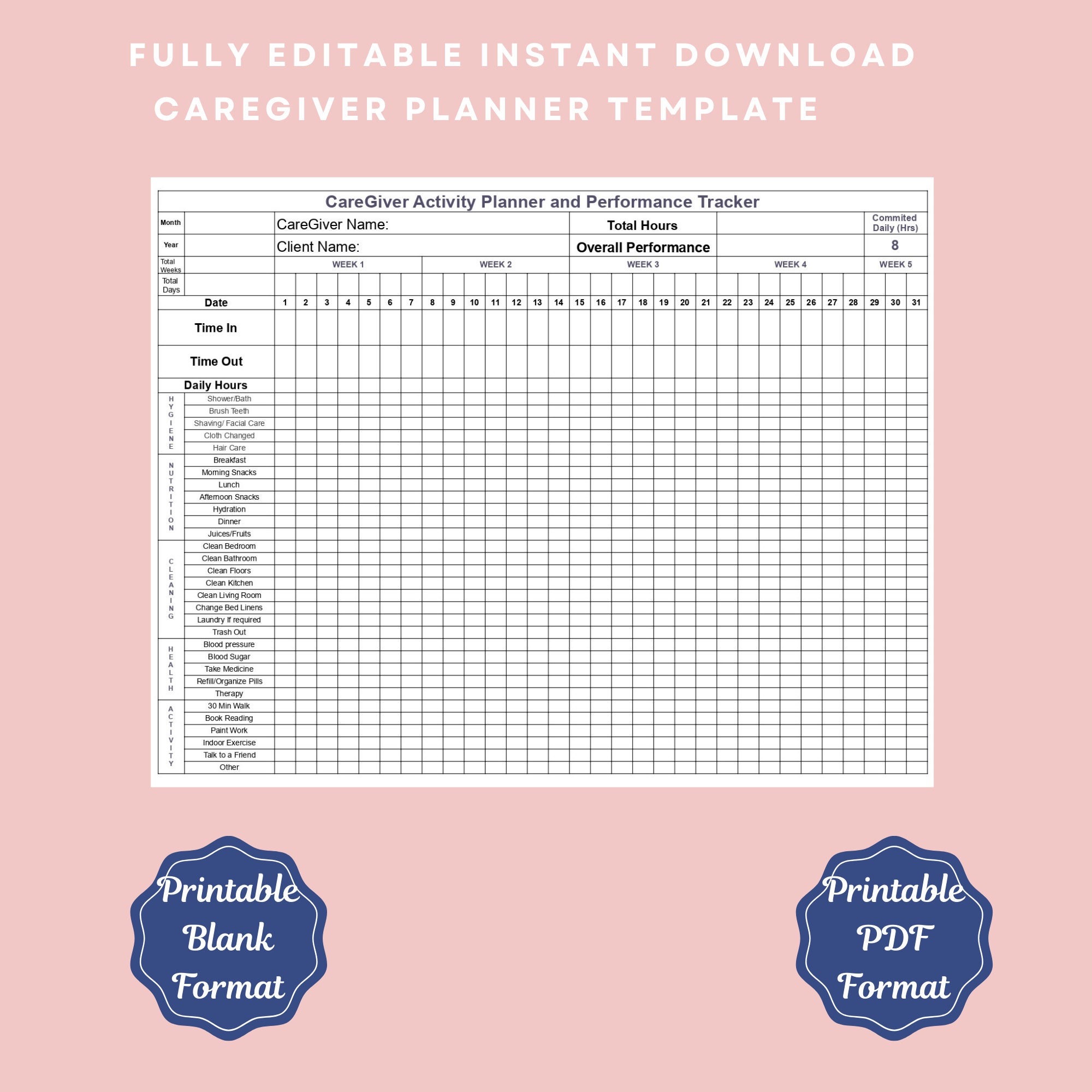 Caregiver Planner Elderly Care Template| Caregiver Tasks Log ...