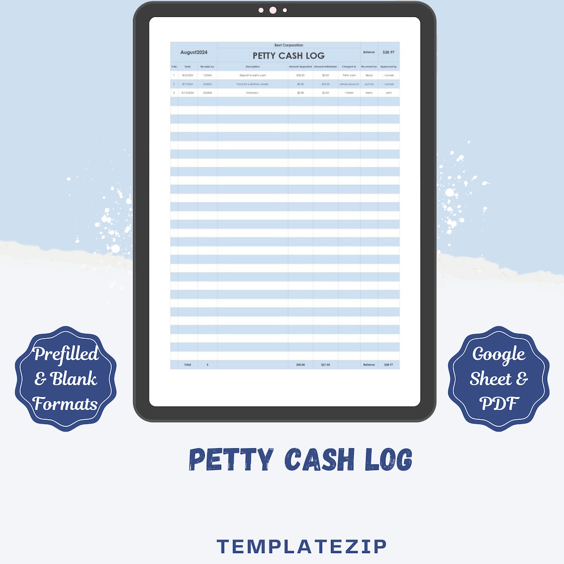 Petty Cash Log | Petty Expenses Tracker Small Cash Management Daily ...