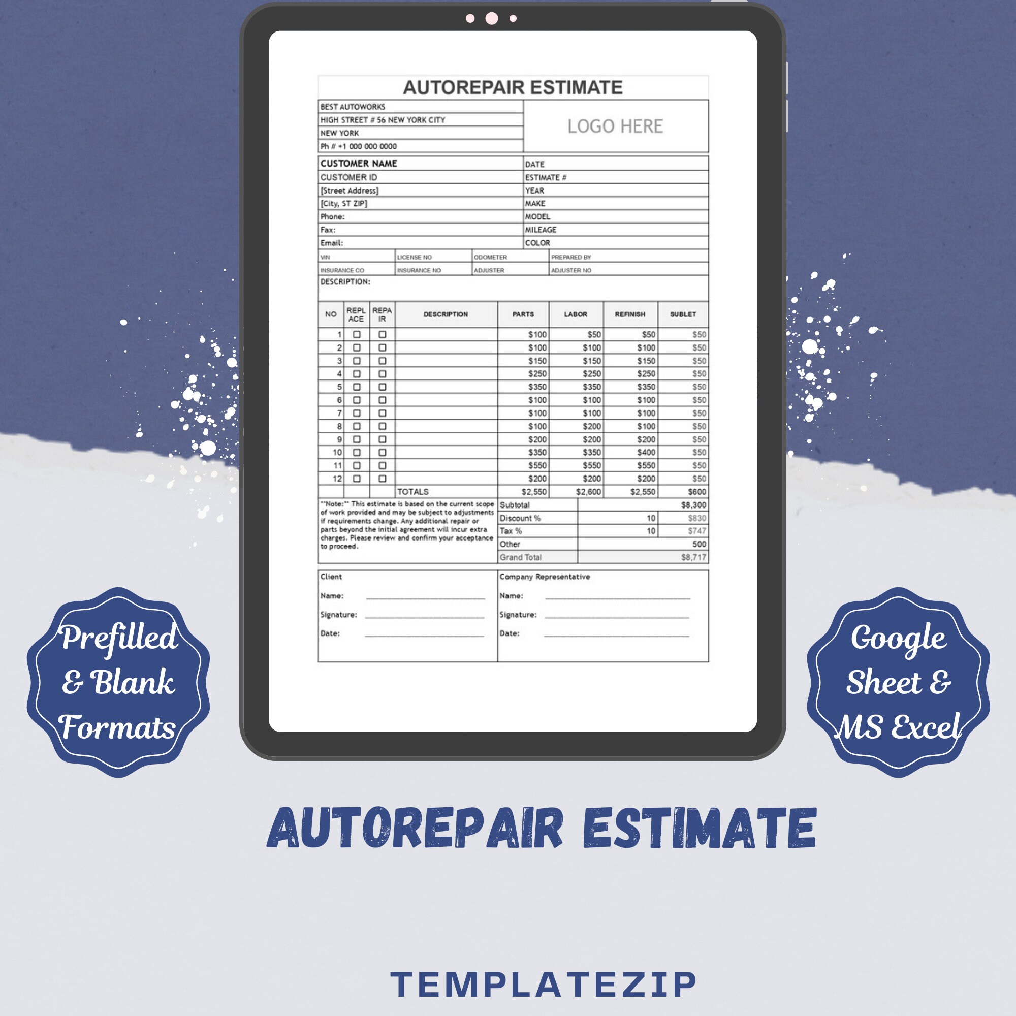 Auto Repair Job Estimate Auto Workshop Spreadsheet Printable Autorepair ...