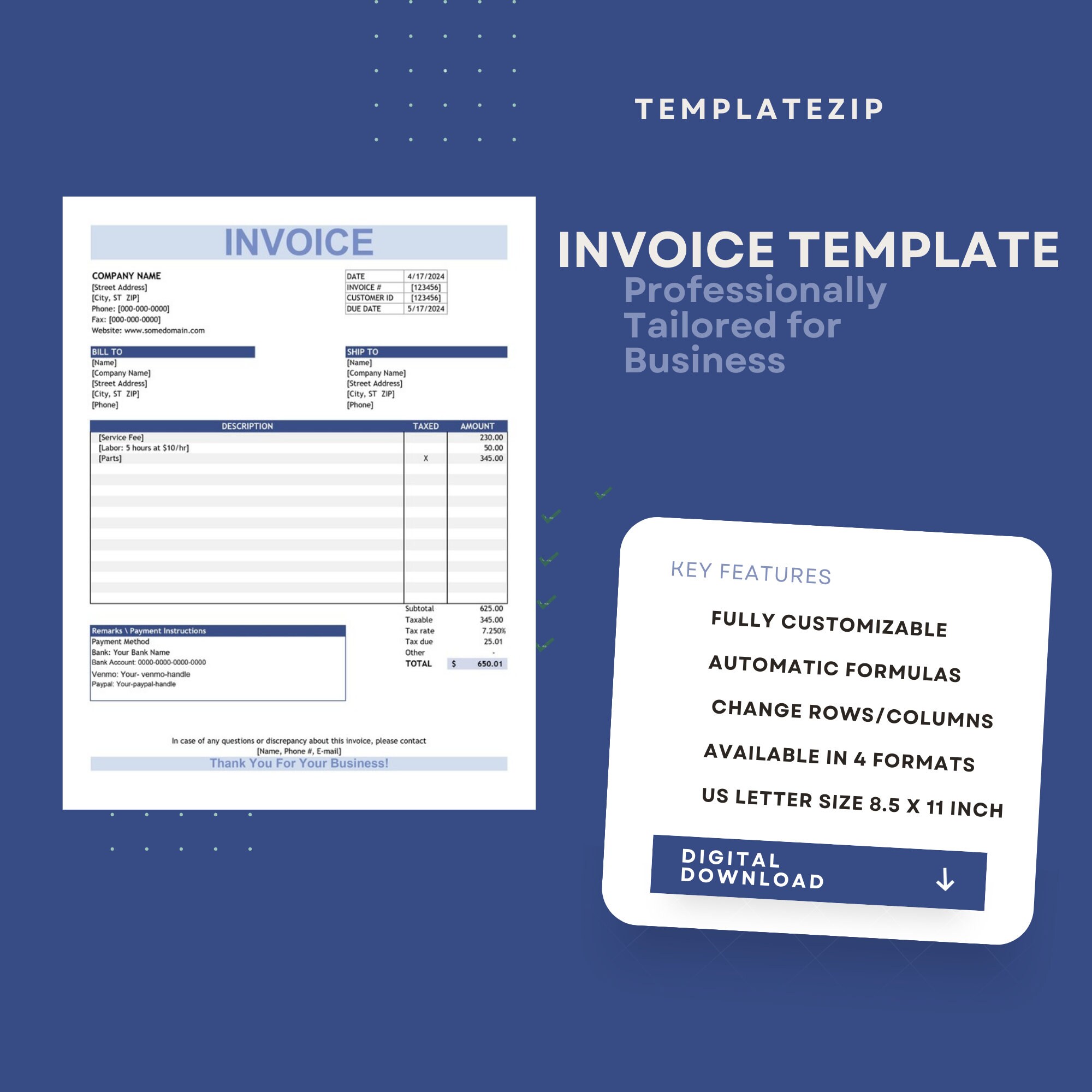 Invoice Template | Editable Invoice - Microsoft Word Invoice Fillable ...