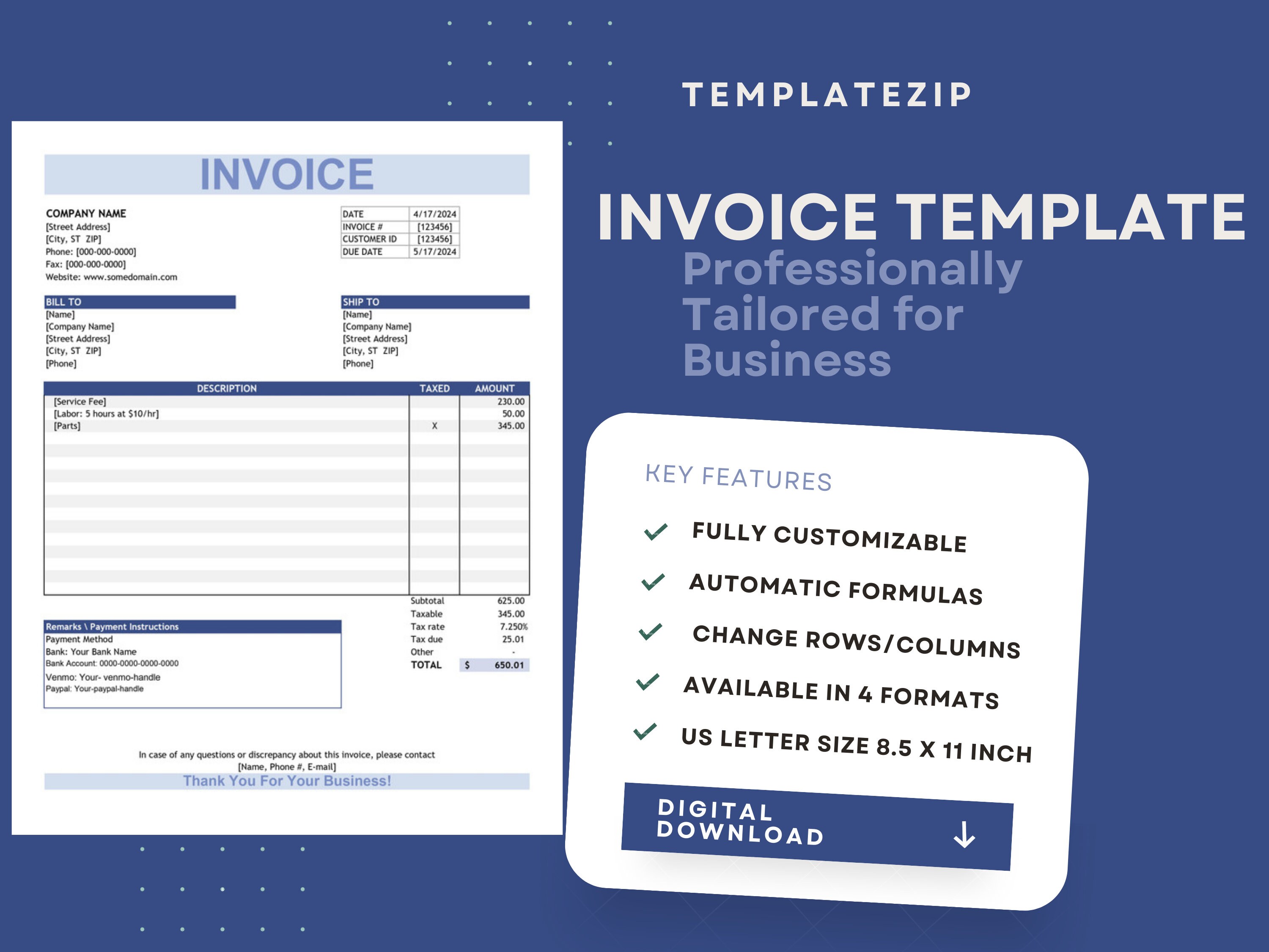 Invoice Template Editable Invoice Microsoft Word Invoice Fillable ...