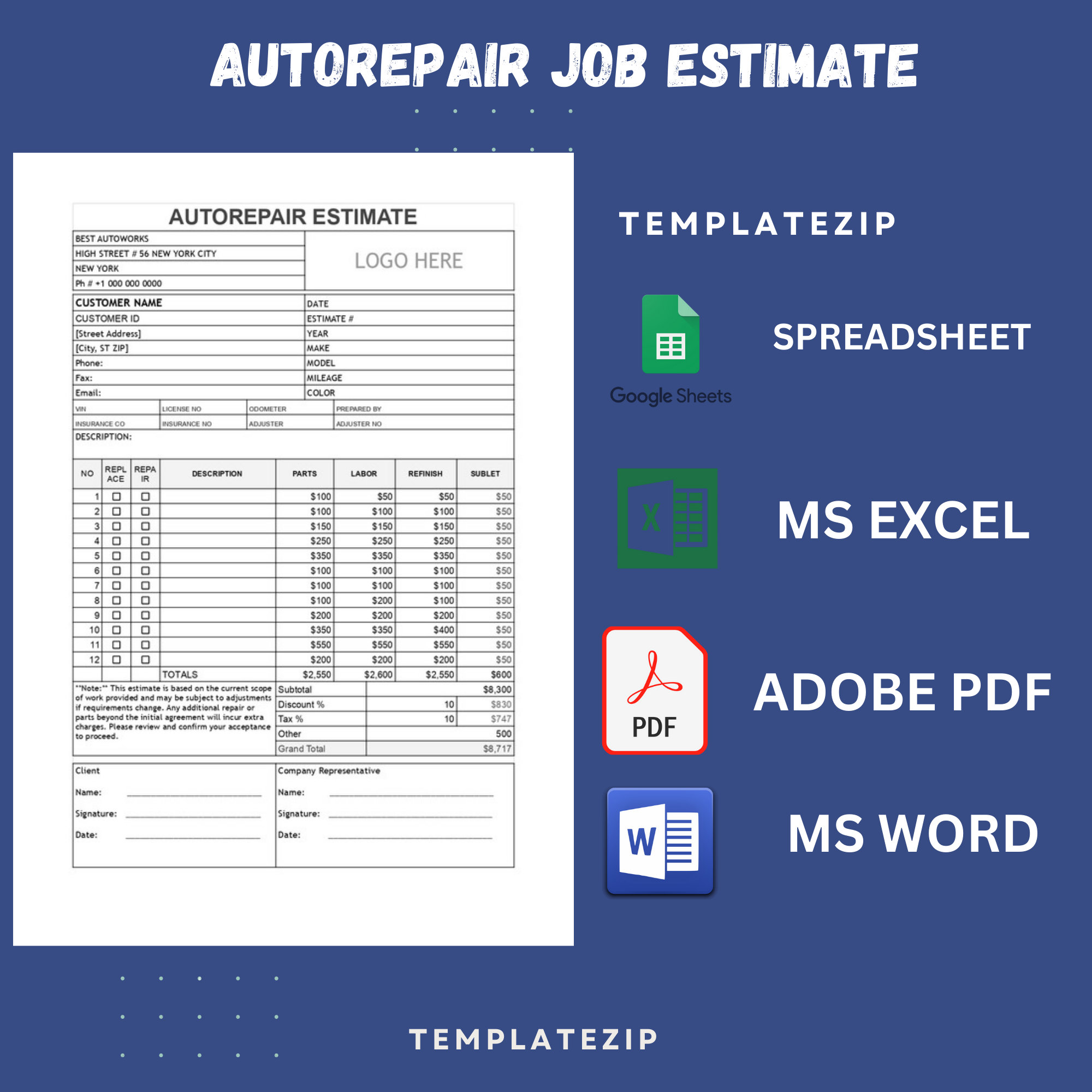 Auto Repair Job Estimate Auto Workshop Spreadsheet Printable Autorepair ...