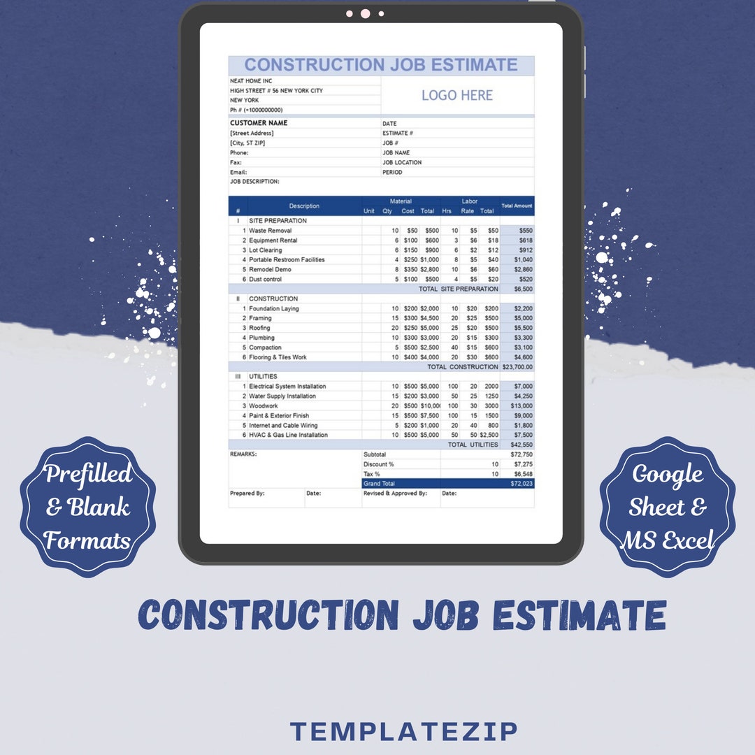 Construction Job Estimate | Construction Budget Proposal | Printable ...