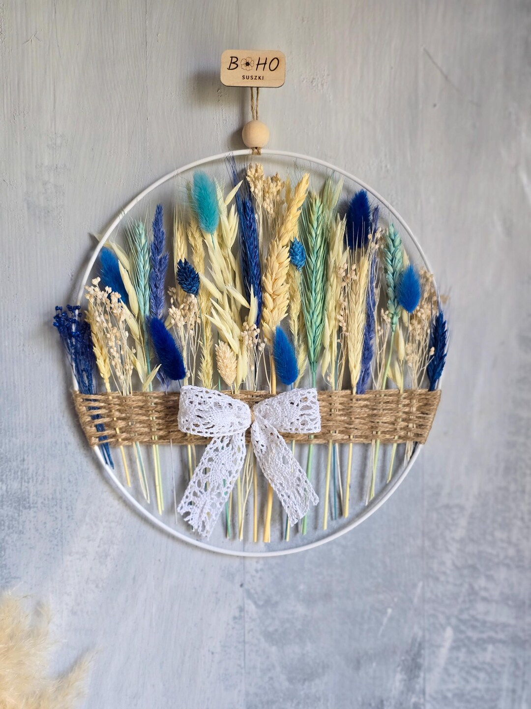 Boho Blue Dried Flower Hoop, Wall Decor for Beach House Interior - Etsy