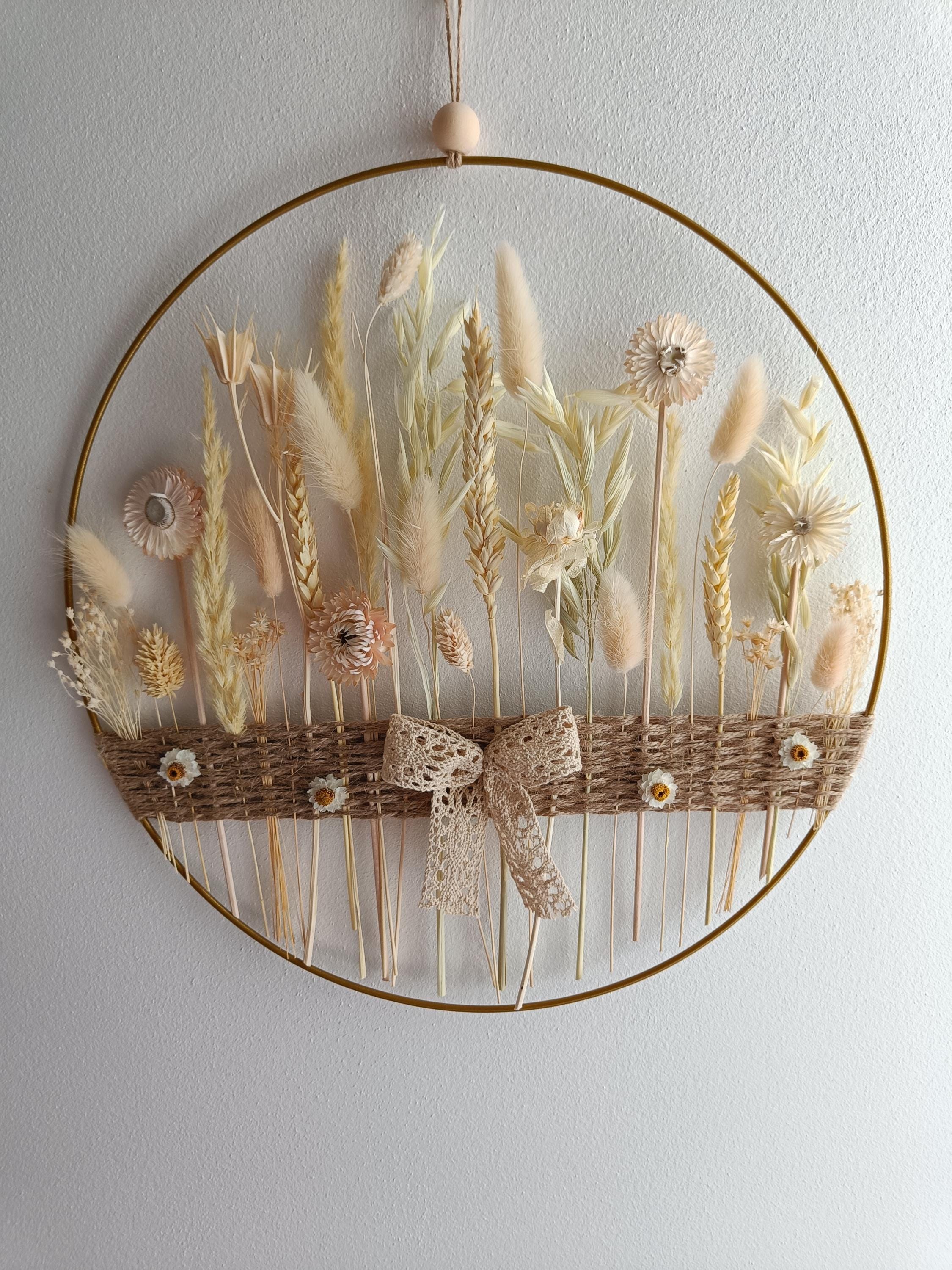 Boho Hoop With Beige Dried Flowers, Gold Floral Hoop, Wall Hanging ...