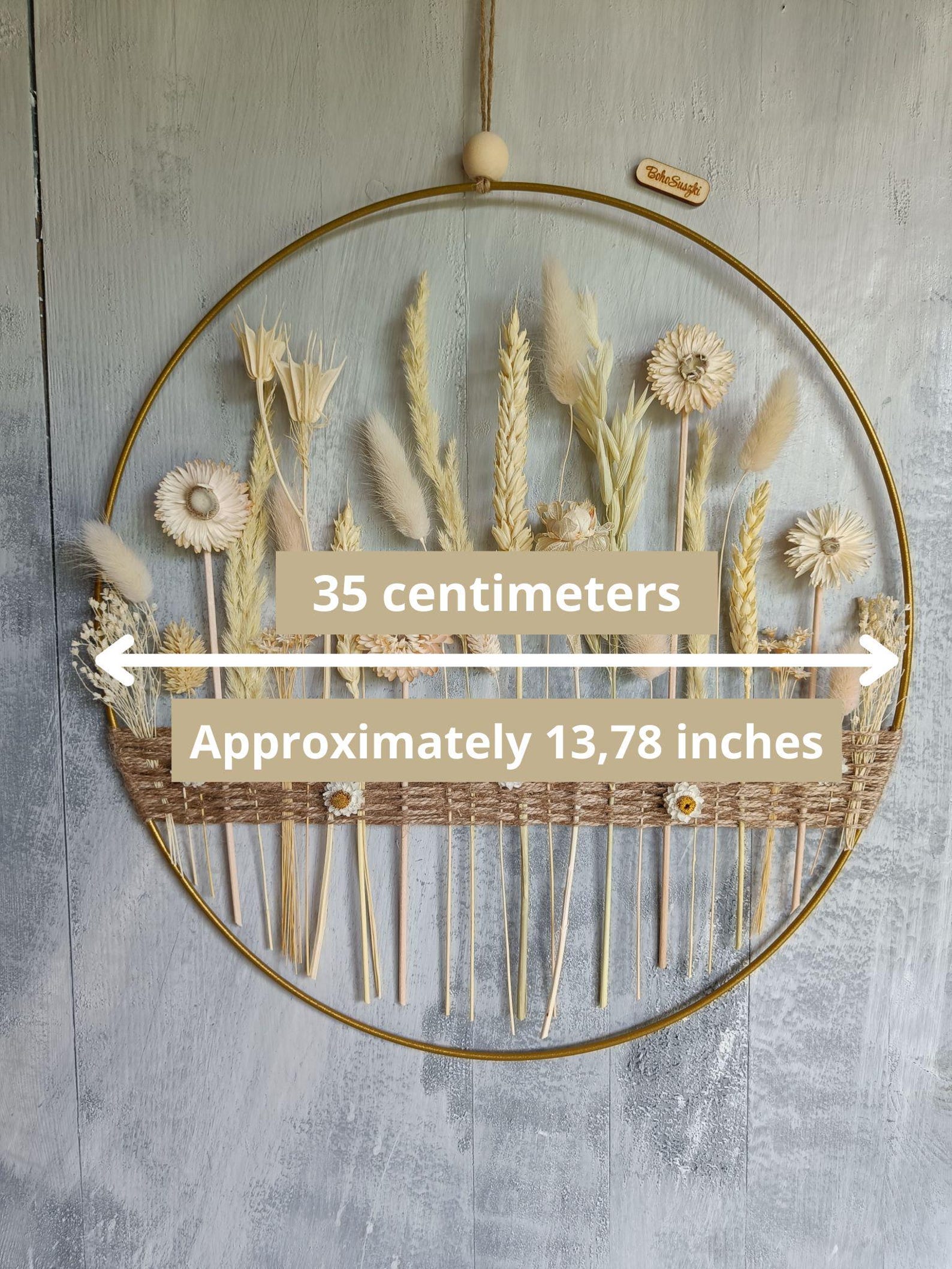 Boho Hoop With Beige Dried Flowers, Gold Floral Hoop, Wall Hanging ...