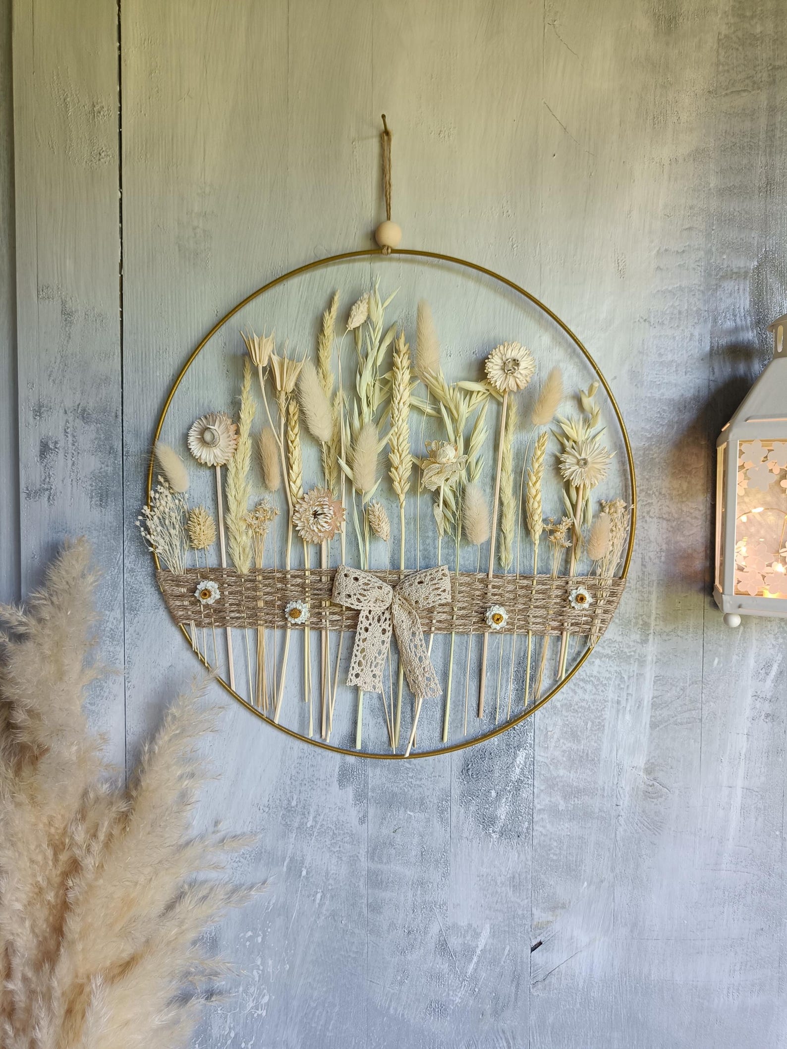 Boho Hoop With Beige Dried Flowers, Gold Floral Hoop, Wall Hanging ...
