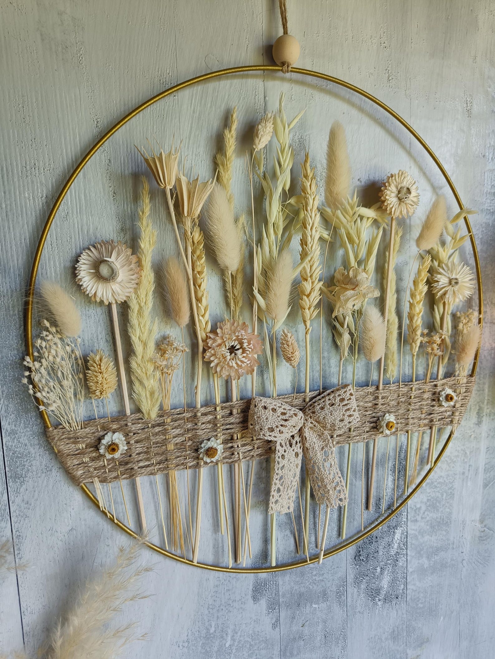 Boho Hoop With Beige Dried Flowers, Gold Floral Hoop, Wall Hanging ...