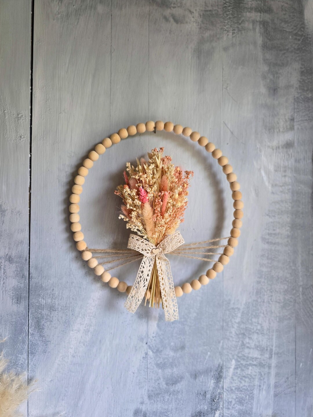 Boho Wall Hanging Decor, Wooden Bead Hoop With Dried Flowers, Unique ...