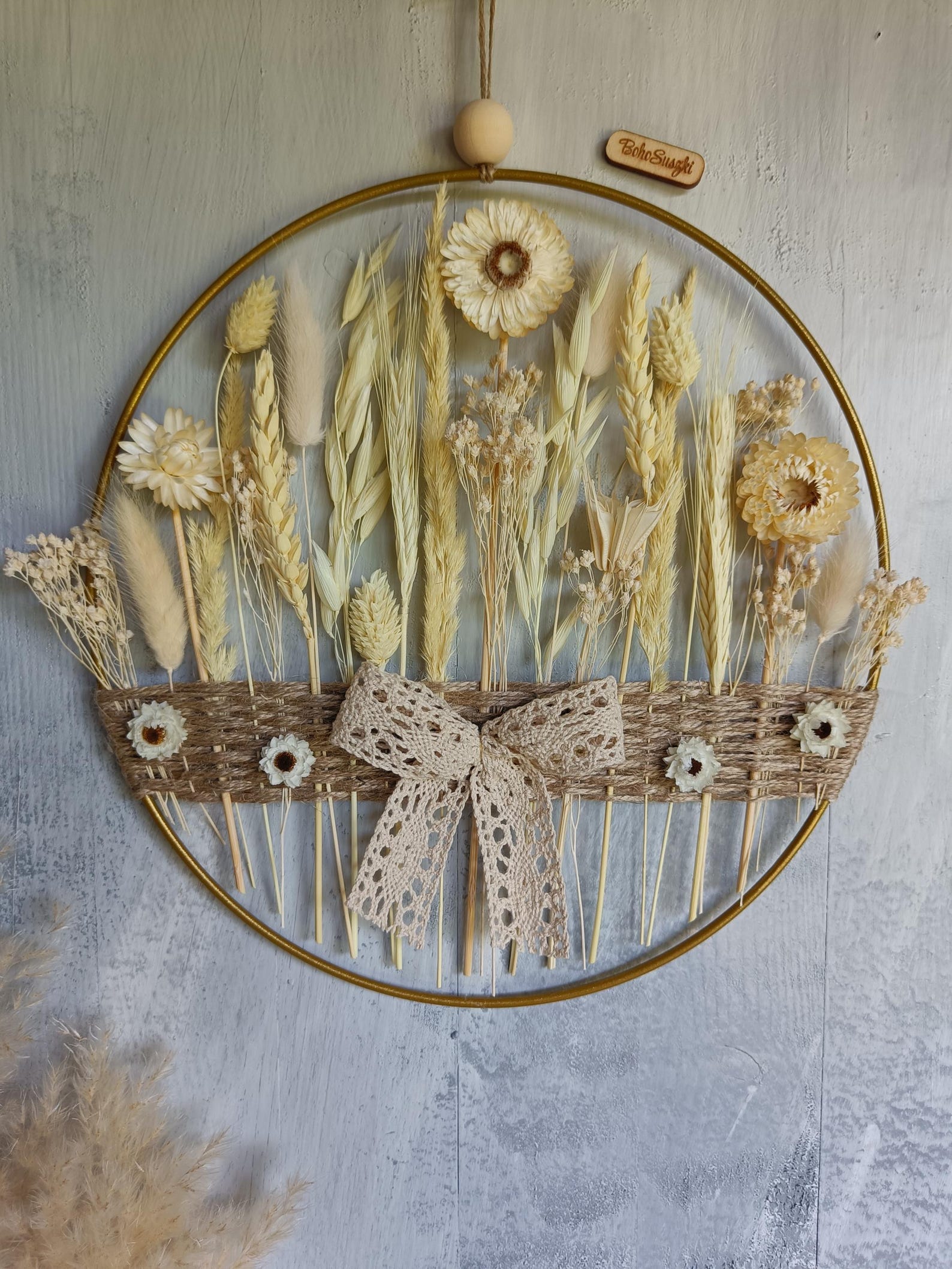 Boho Hoop With Beige Dried Flowers, Gold Floral Hoop, Wall Hanging ...