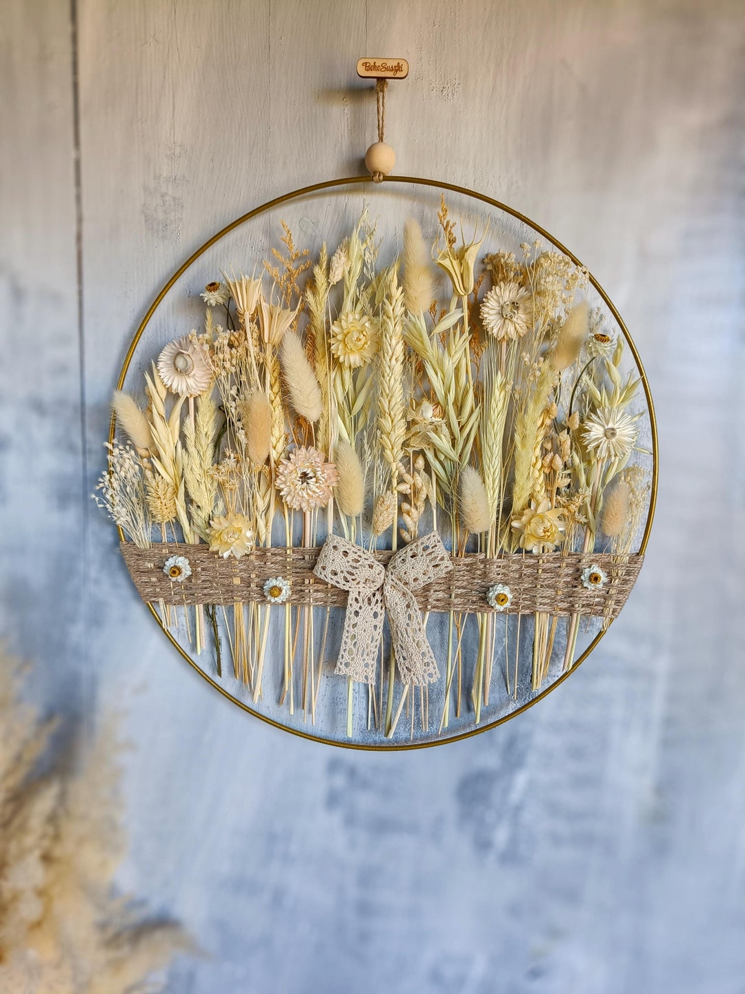 Boho Hoop With Beige Dried Flowers, Gold Floral Hoop, Wall Hanging ...
