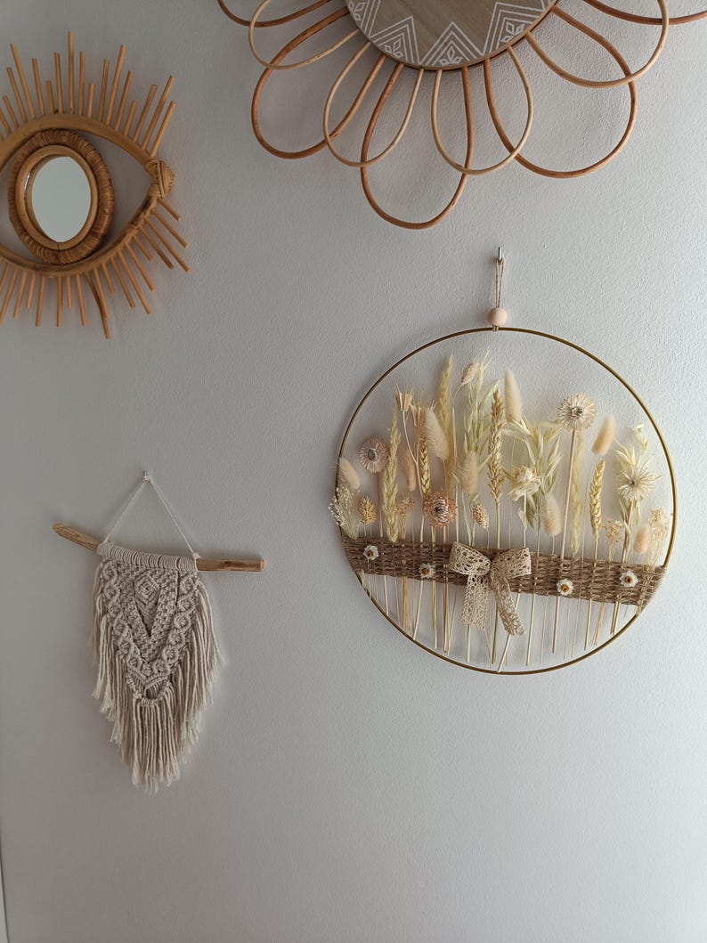 Boho Hoop With Beige Dried Flowers, Gold Floral Hoop, Wall Hanging ...