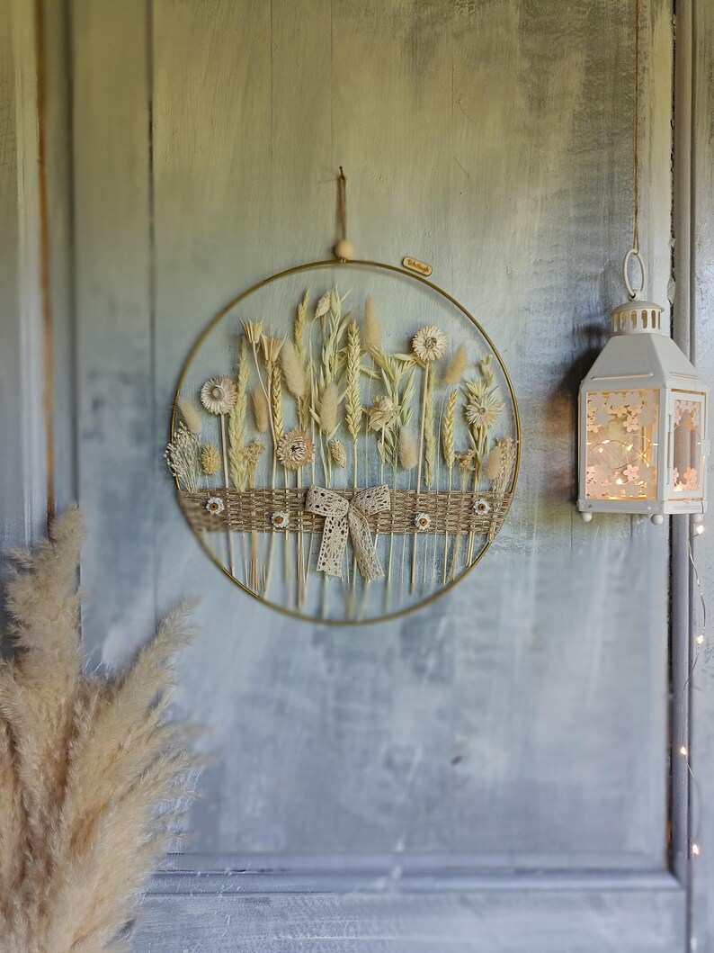 Boho Hoop With Beige Dried Flowers, Gold Floral Hoop, Wall Hanging ...